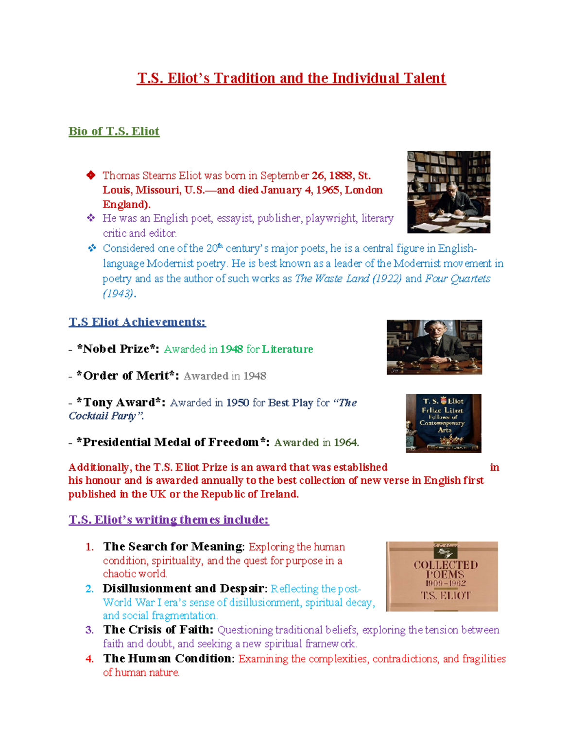 T.S. Eliot: Tradition and Individual Talent - Exam Prep Notes - Studocu
