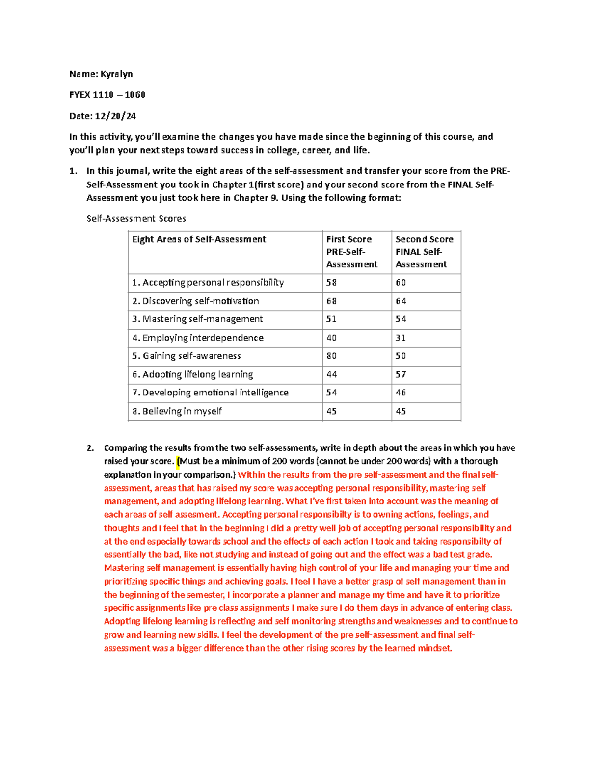 FYEX 1110 Analyze Pre-Post Self-Assessments-1 - Name: Kyralyn FYEX 1110 ...