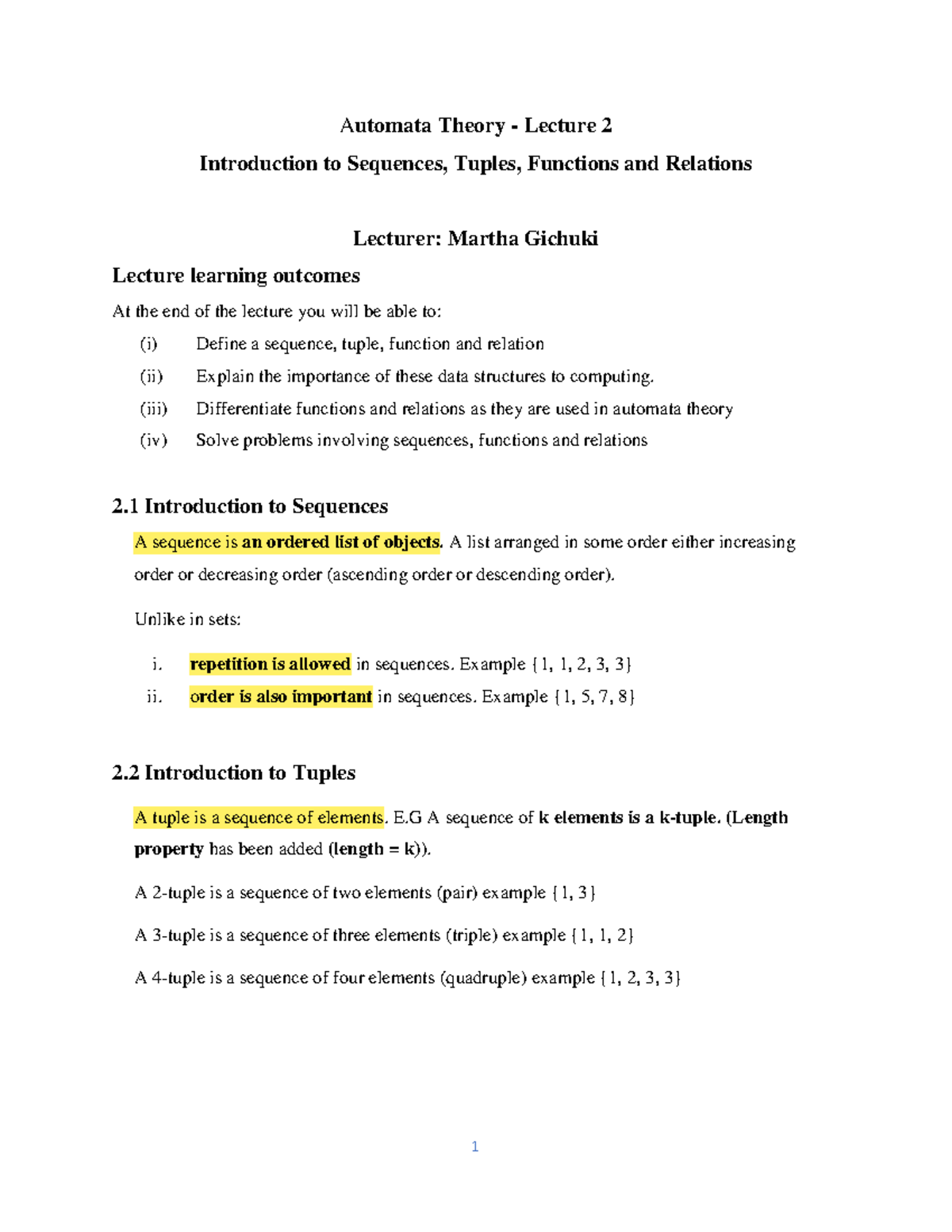 Automata Theory Lecture 2: Sequences, Tuples, Functions & Relations ...