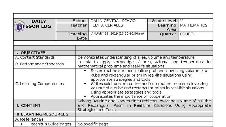 DAILY LESSON LOG: Volume Concepts in Grade 5 Math (COT MATH5) - Studocu