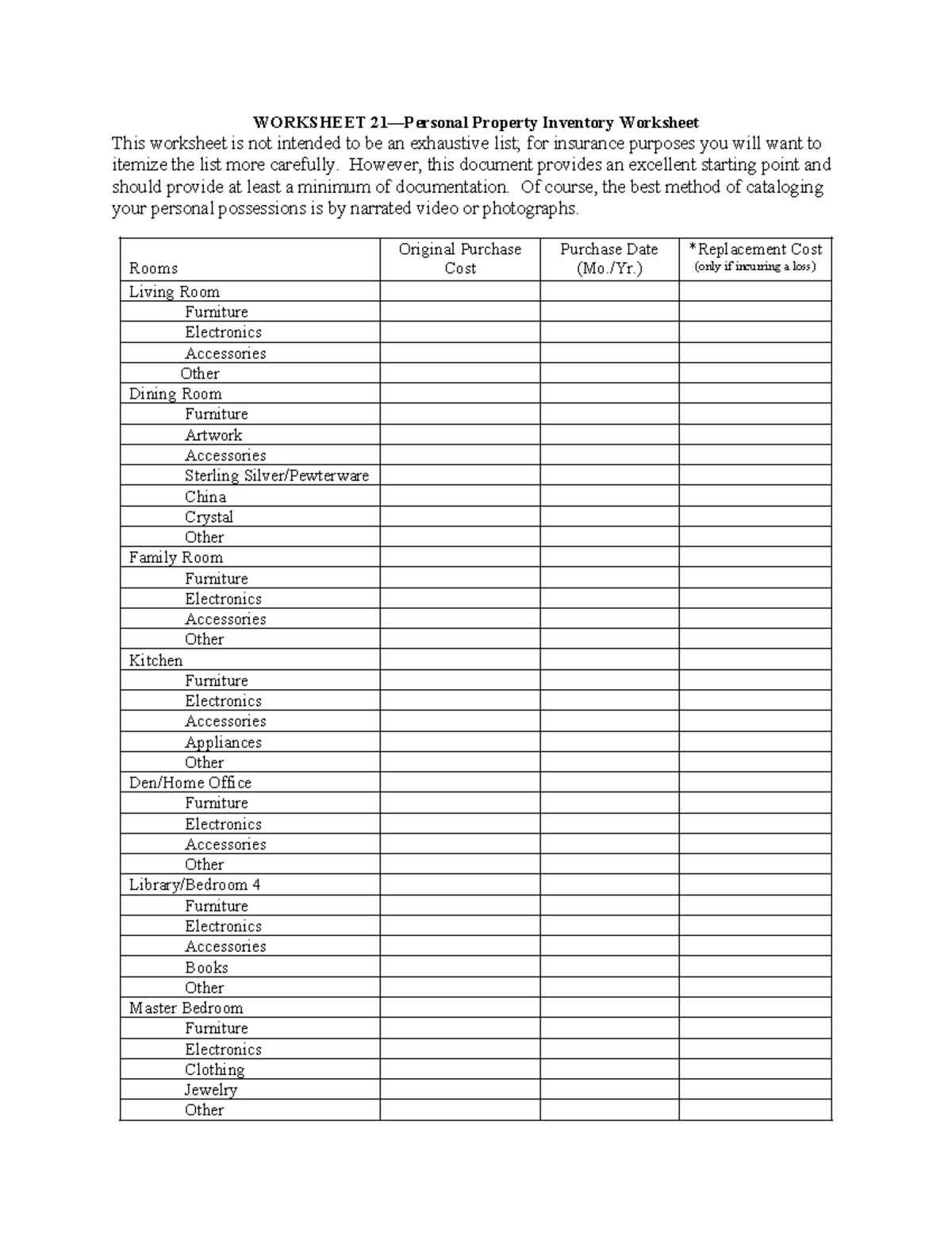 Personal Property Inventory Worksheet 21 for Insurance Documentation ...