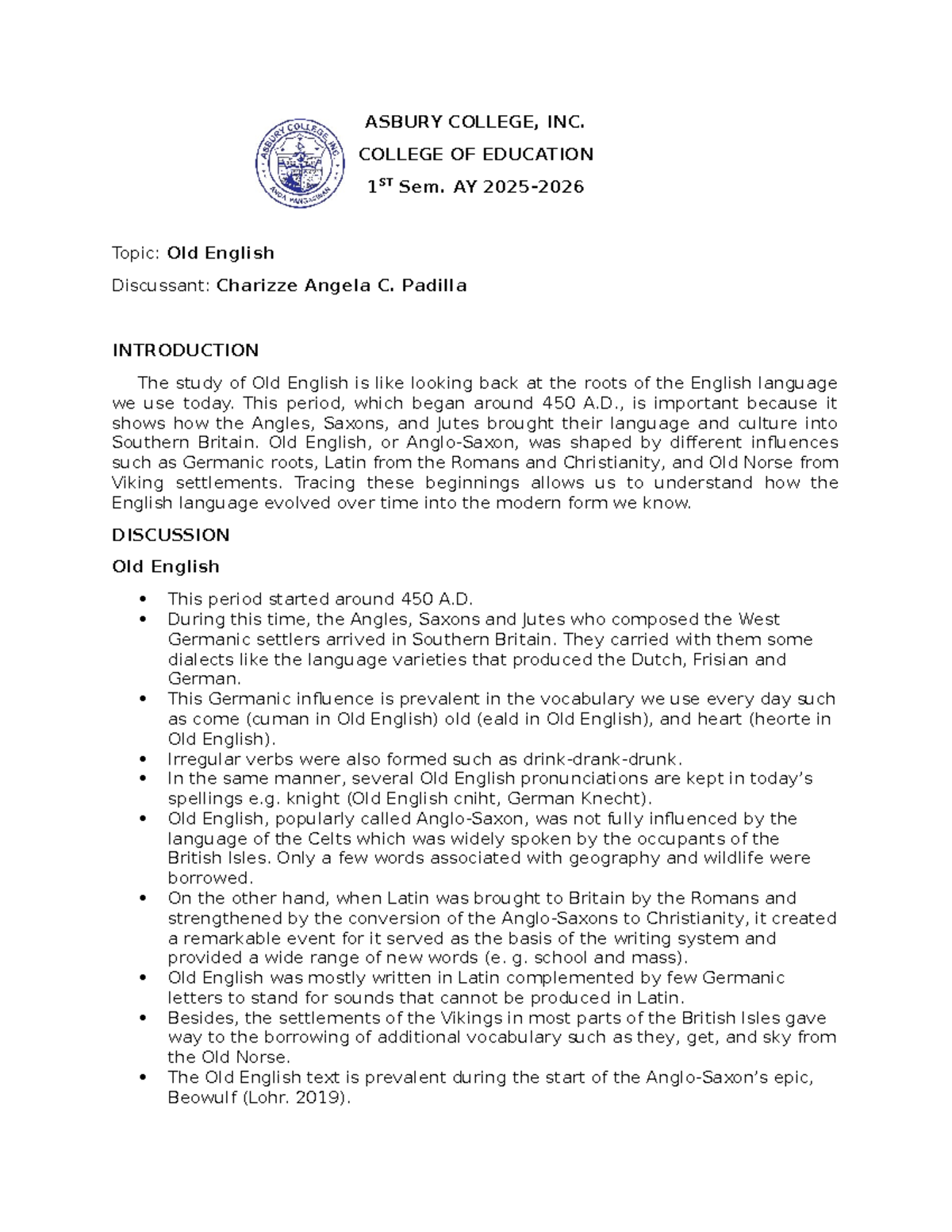 Old English: A Discussion on Its Roots and Evolution - Studocu