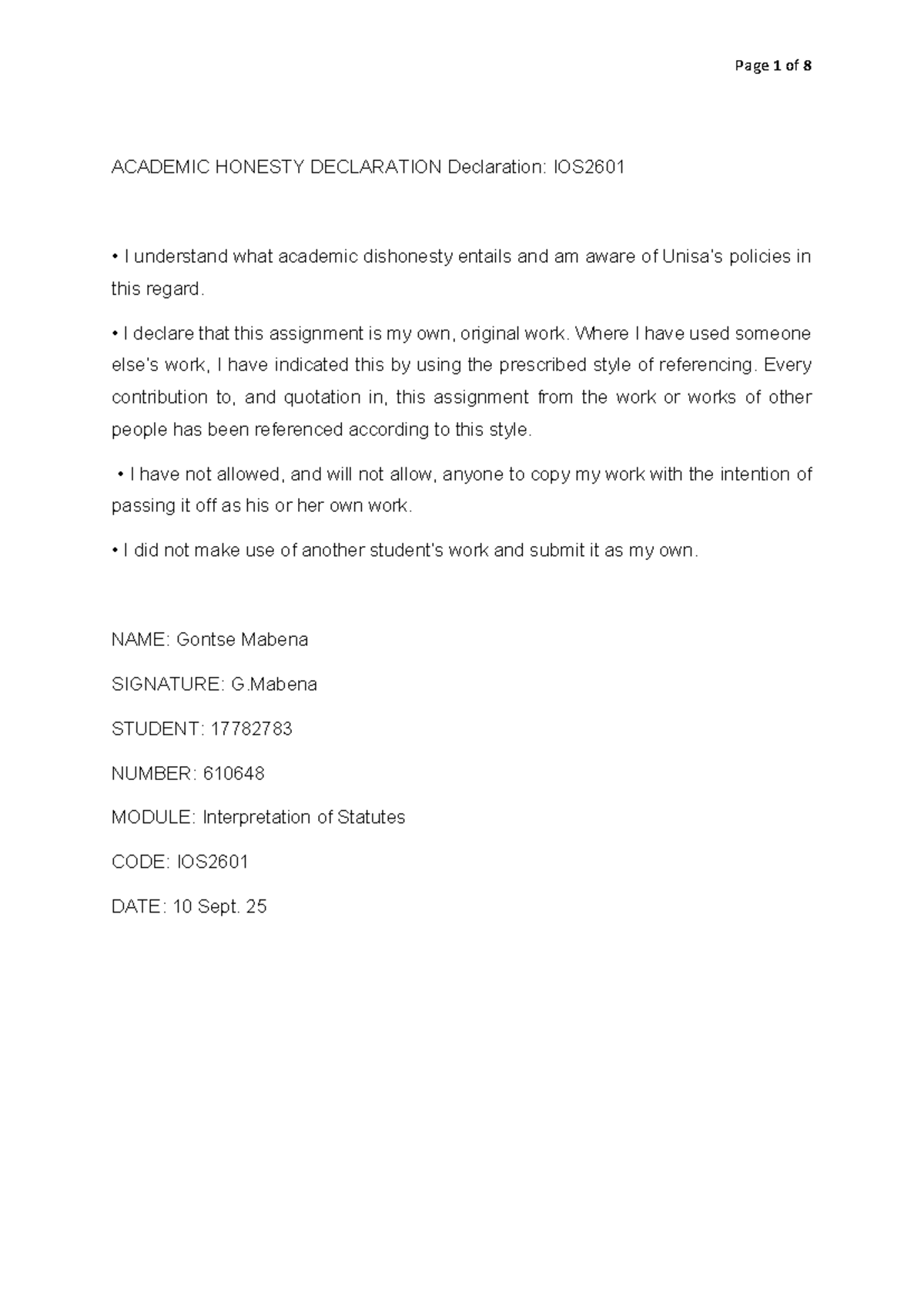 Academic Honesty Declaration for IOS2601 Assignment - Studocu