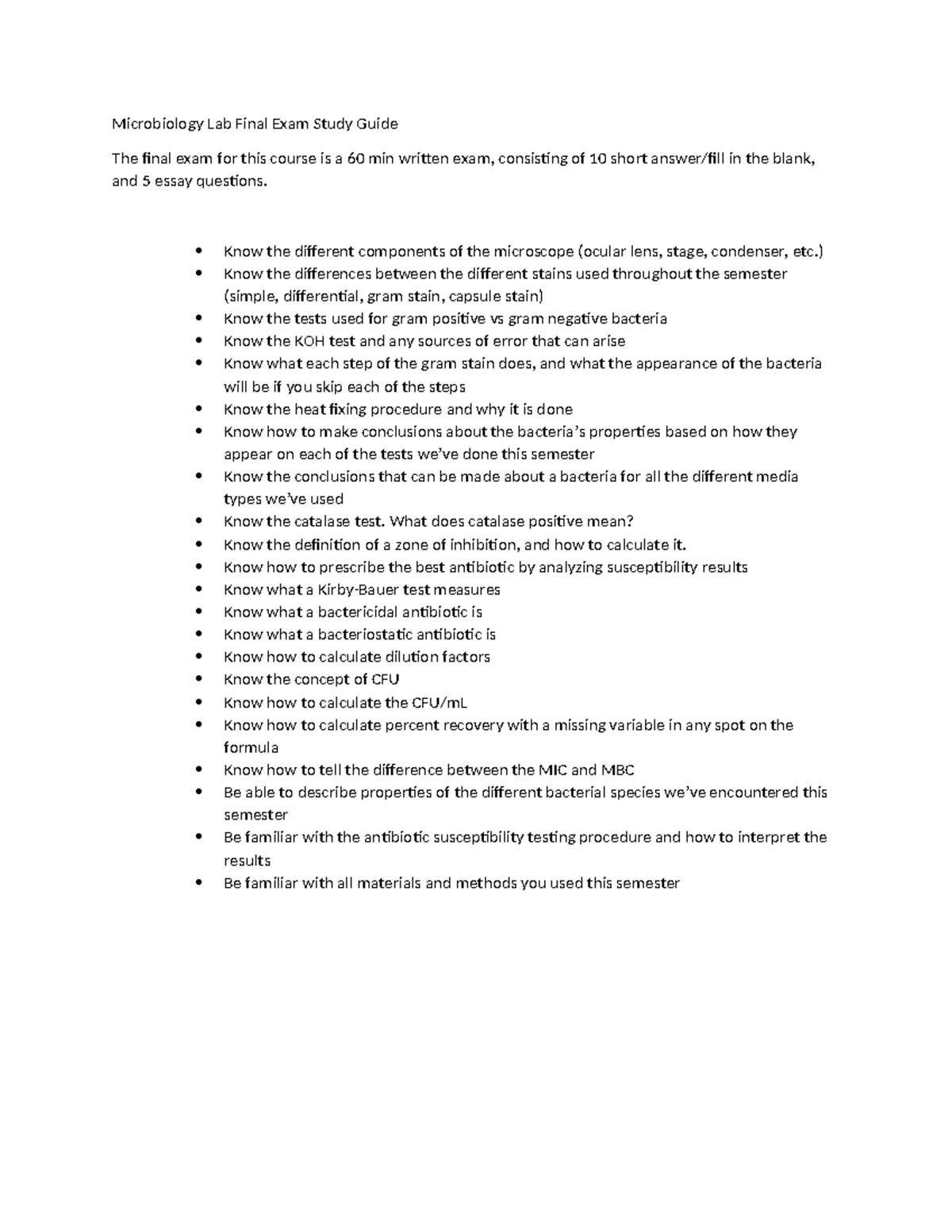 Micro Lab final exam study guide - Microbiology Lab Final Exam Study ...