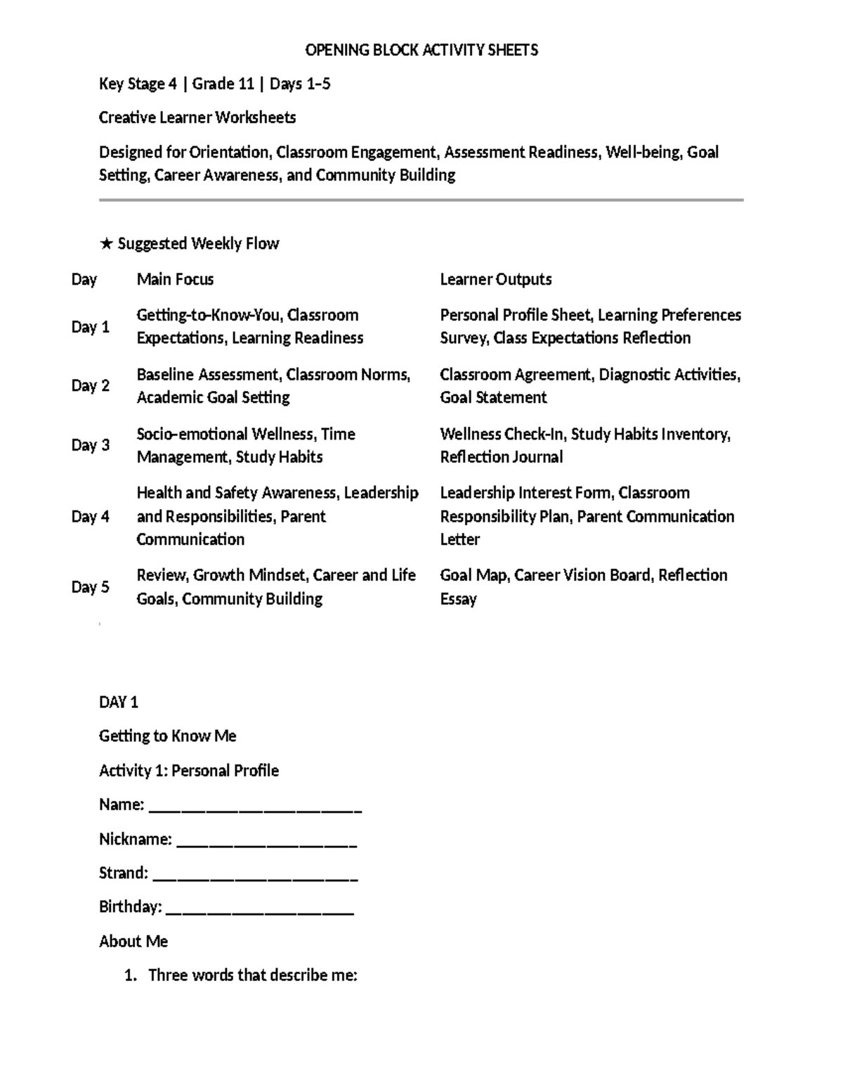 Key Stage 4 Grade 11 Opening Block Activity Sheets - Studocu