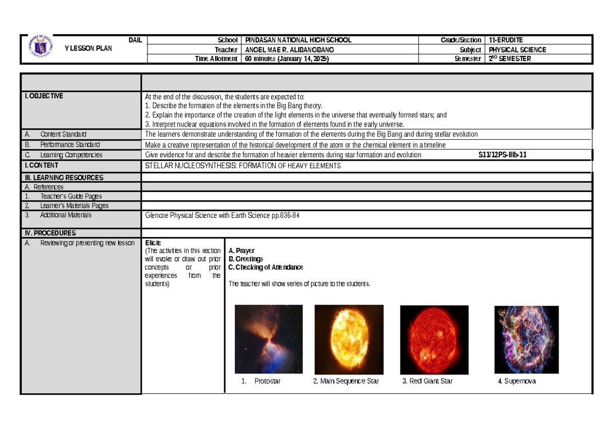 S11/12PS-IIIb: Lesson Plan on Stellar Nucleosynthesis & Heavy Elements ...