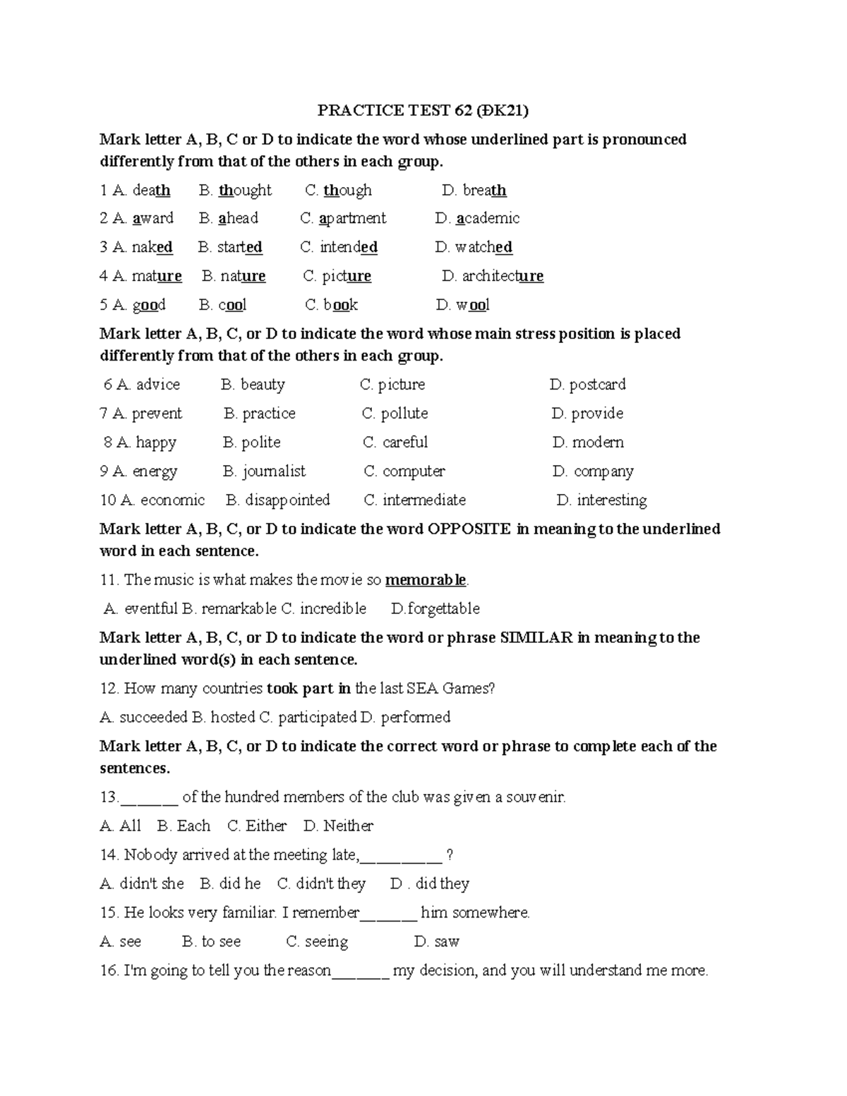 PRACTICE TEST 62 (ĐK21) - Vocabulary and Memory Exercises - Studocu