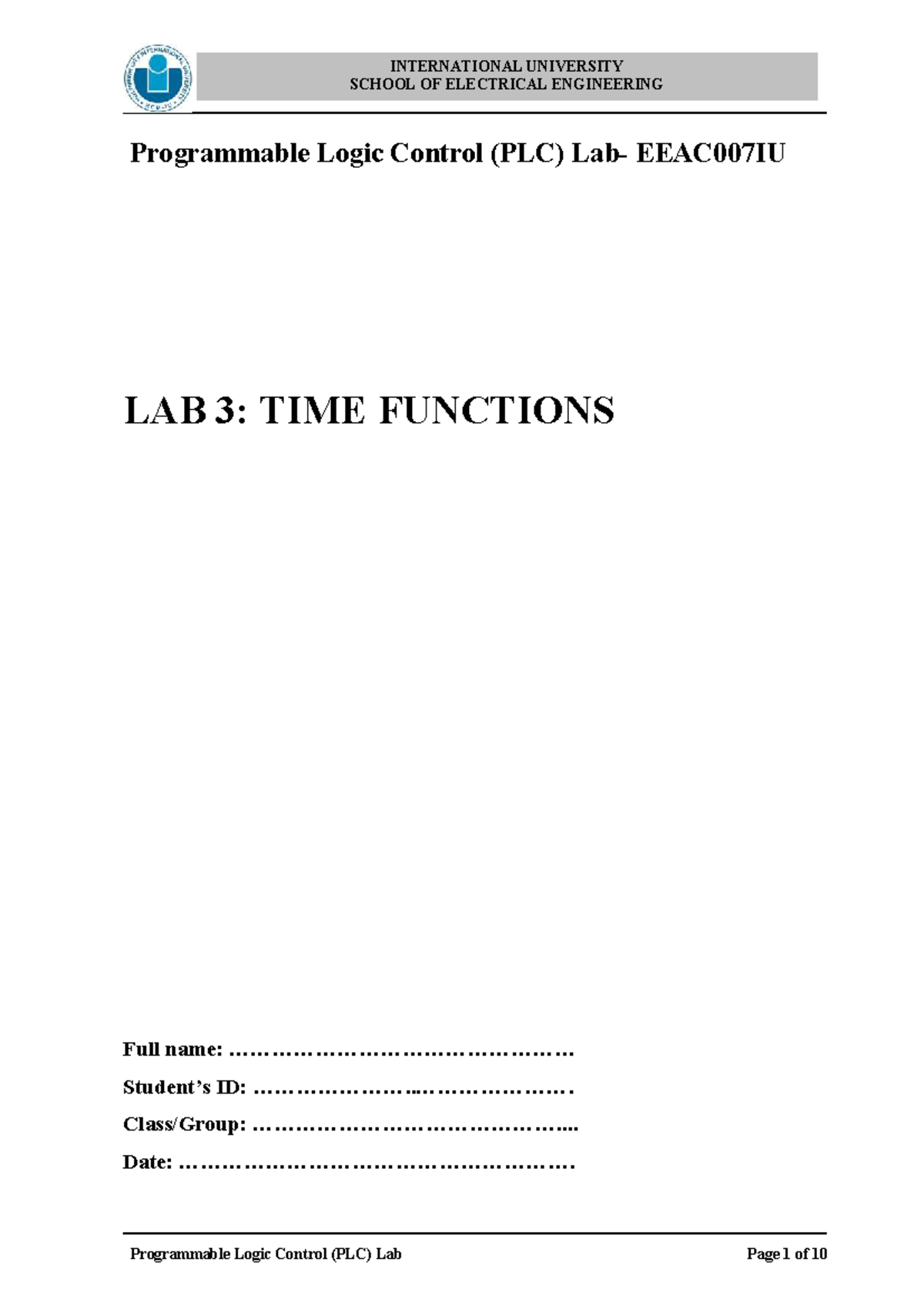 Lab 3: Time Functions in PLC (EEAC007IU) - Studocu