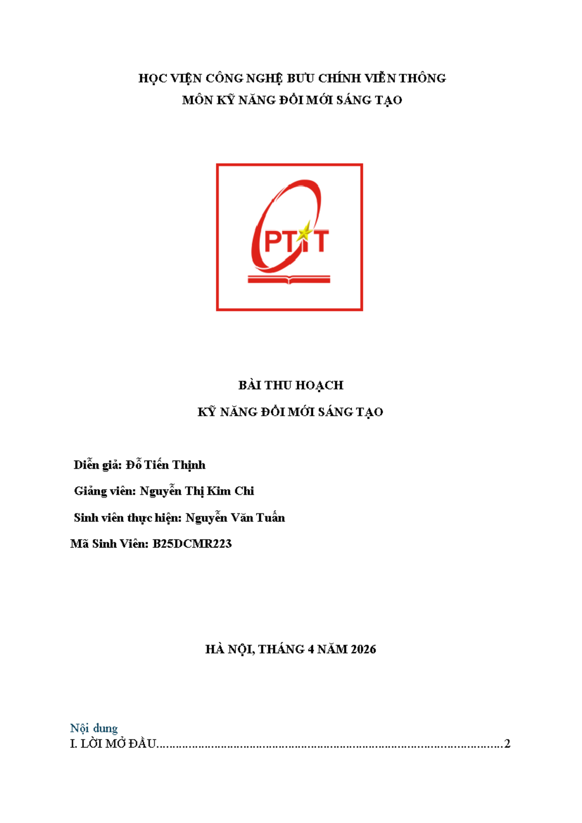 Bài Thu Hoạch Kỹ Năng Đổi Mới Sáng Tạo - Môn Kỹ Năng ĐMST B25DCMR223 ...