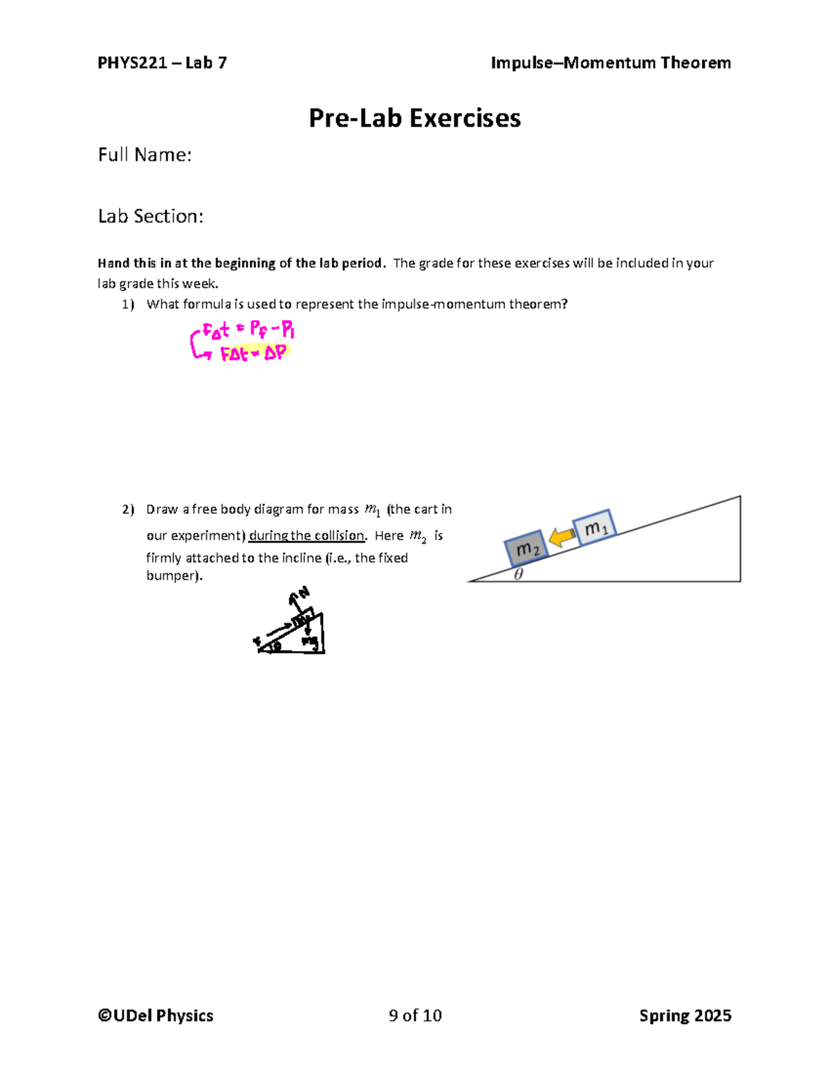 Pre-Lab 7 - Impulse-Momentum Theorem Pre-lab 7 - PHYS2 21 – Lab 7 ...