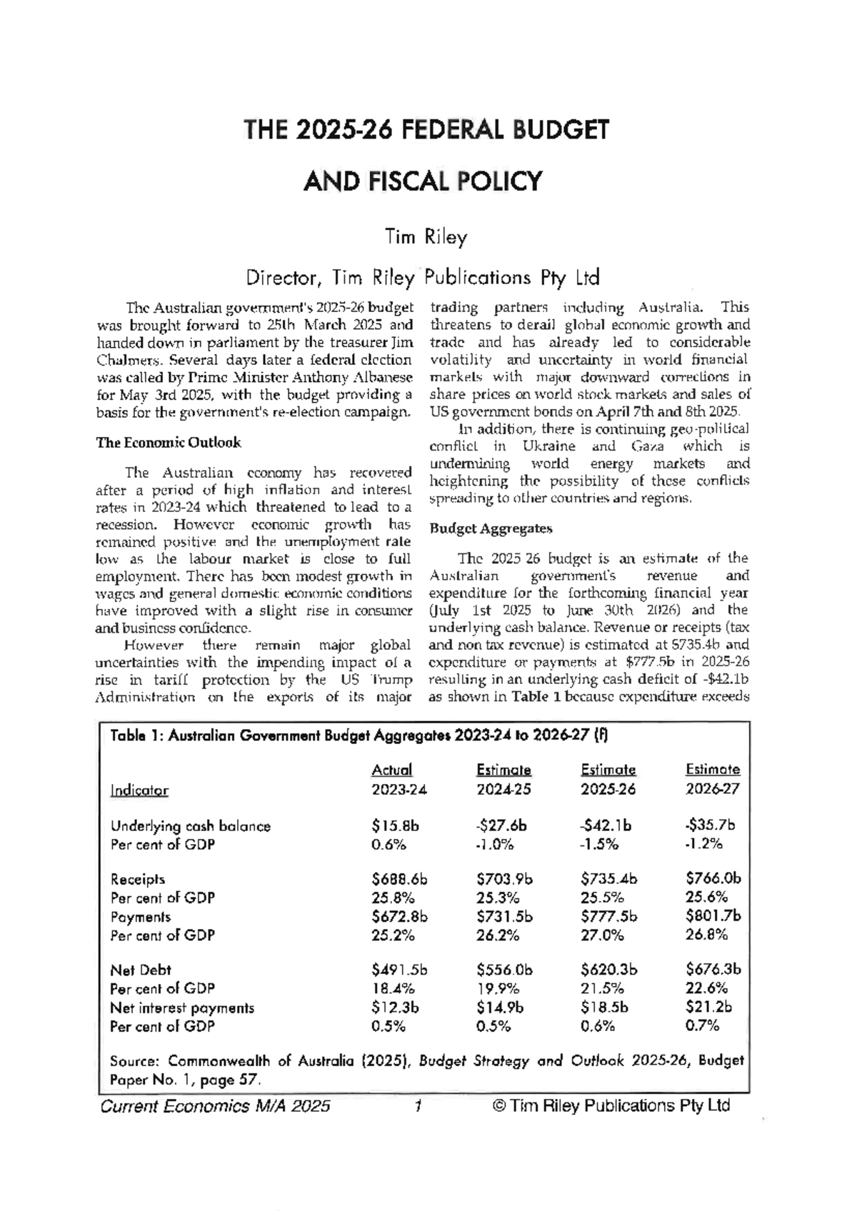 Riley Budget 2025: Analysis of Federal Fiscal Policy and Economic ...
