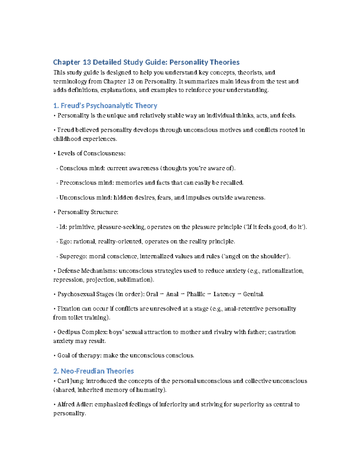 Chapter 13 Study Guide: Key Concepts in Personality Theories - Studocu