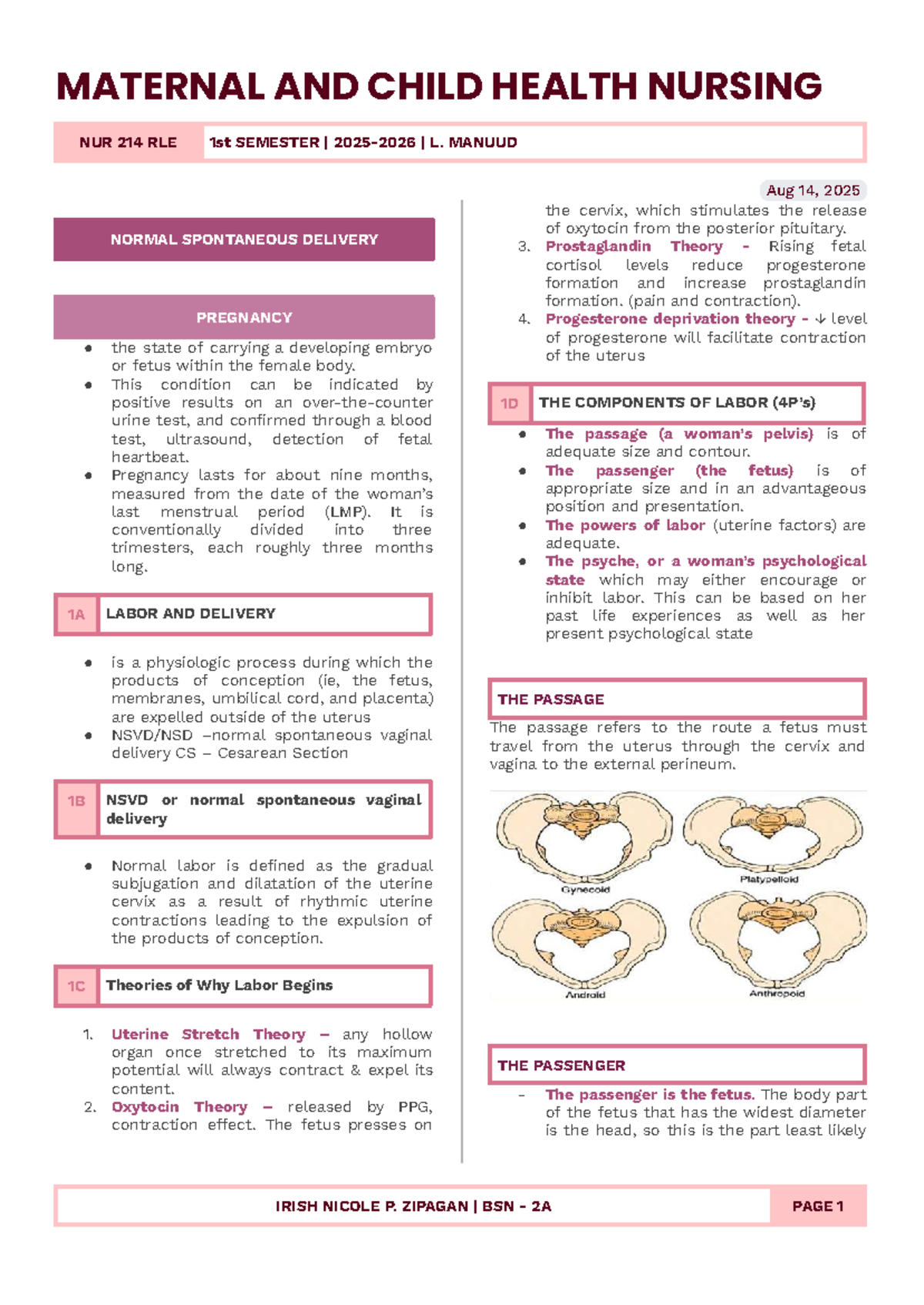 NUR 214 RLE 1st SEMESTER: Normal Spontaneous Delivery Overview - Studocu
