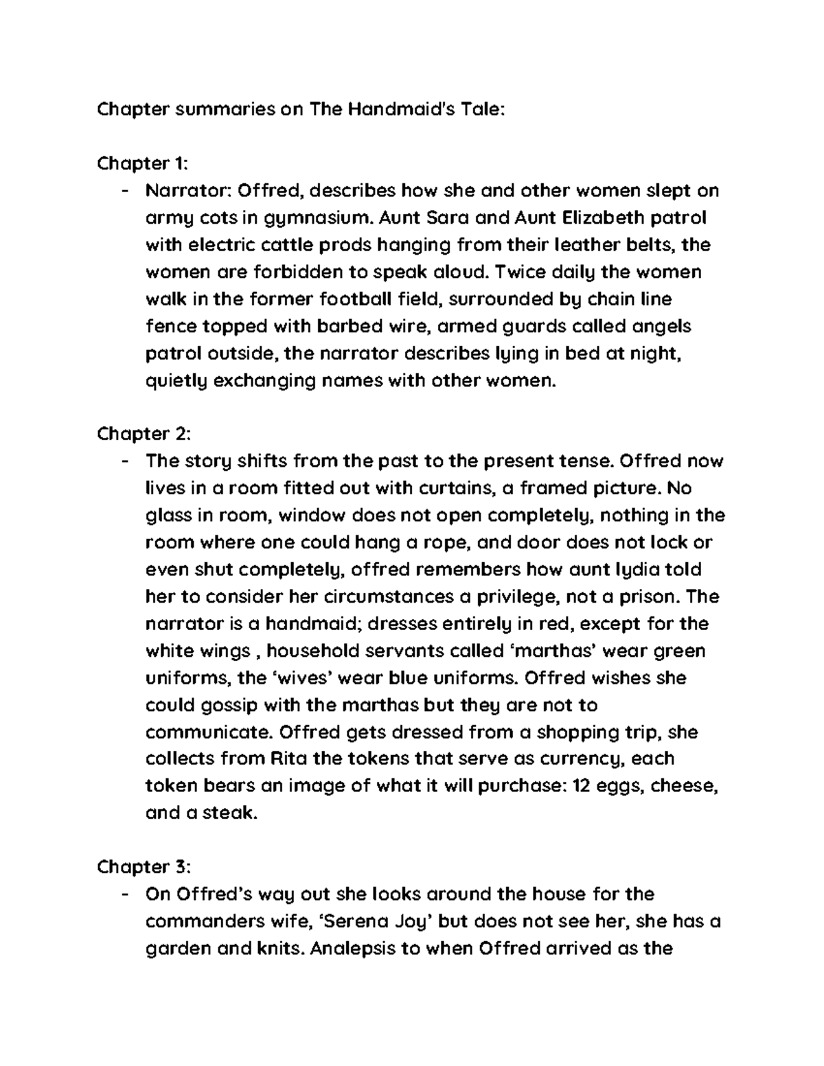 The Handmaid's Tale: Chapter Summaries and Analysis (ENG 101) - Studocu