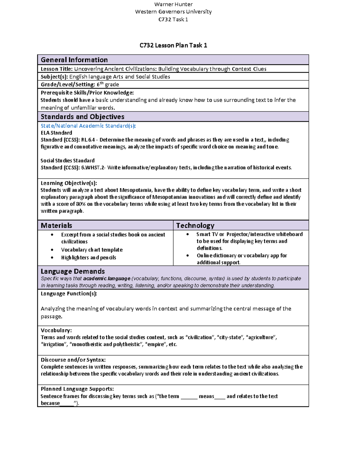 C732 Task 1: Lesson Plan on Ancient Civilizations Vocabulary ...
