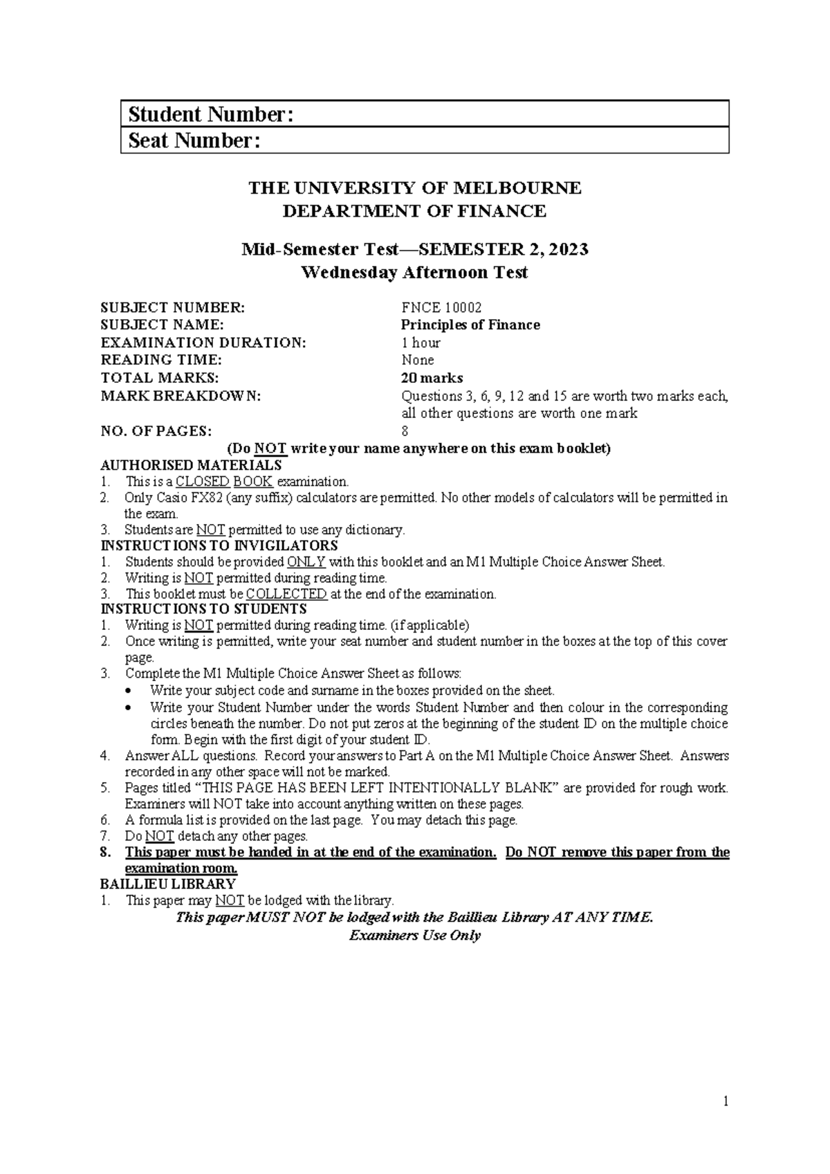 2023 POF Mid Sem Test - Student Number: Seat Number: THE UNIVERSITY OF ...