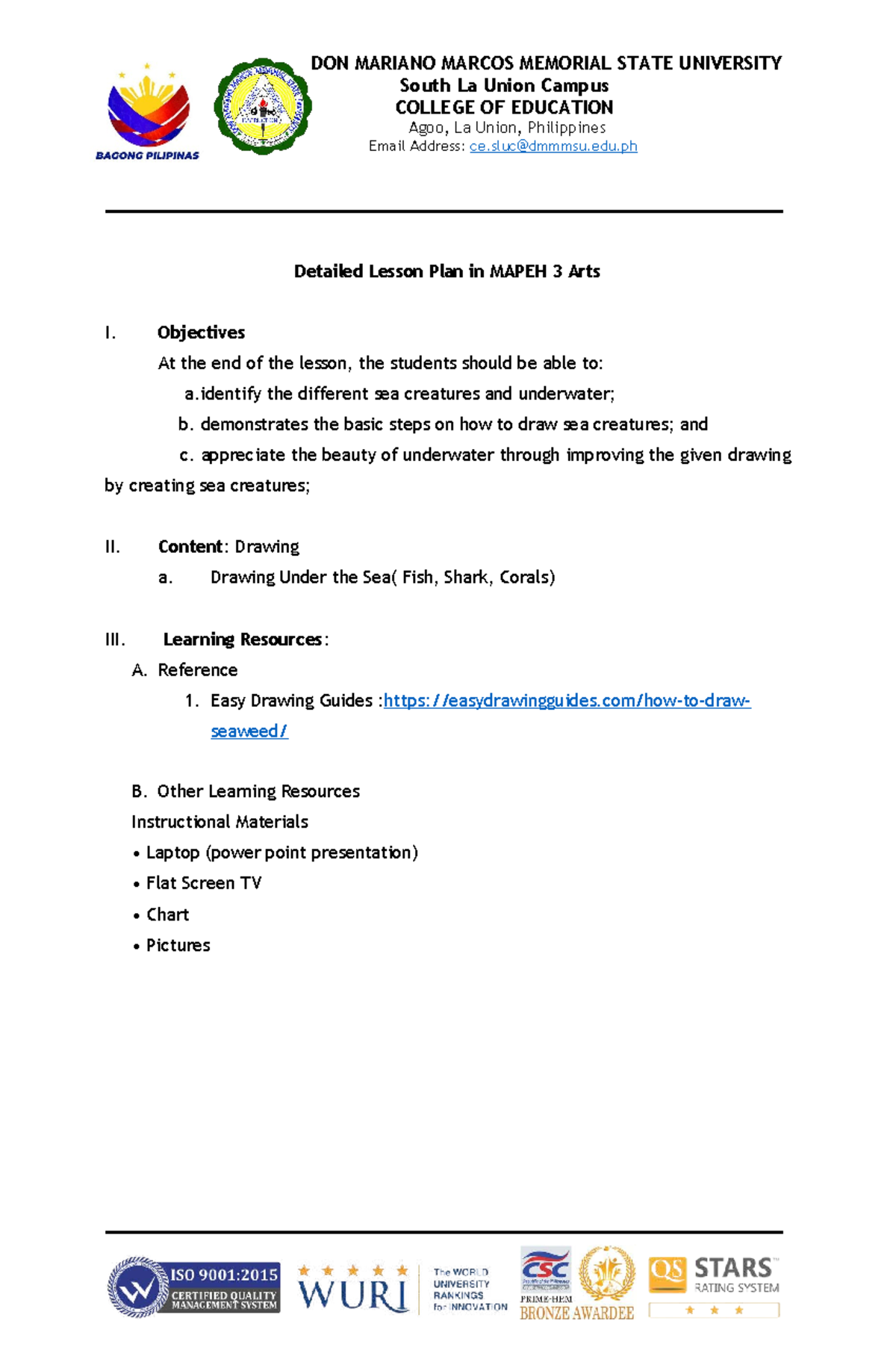 Detailed Lesson Plan in MAPEH 3: Drawing Under the Sea - Studocu