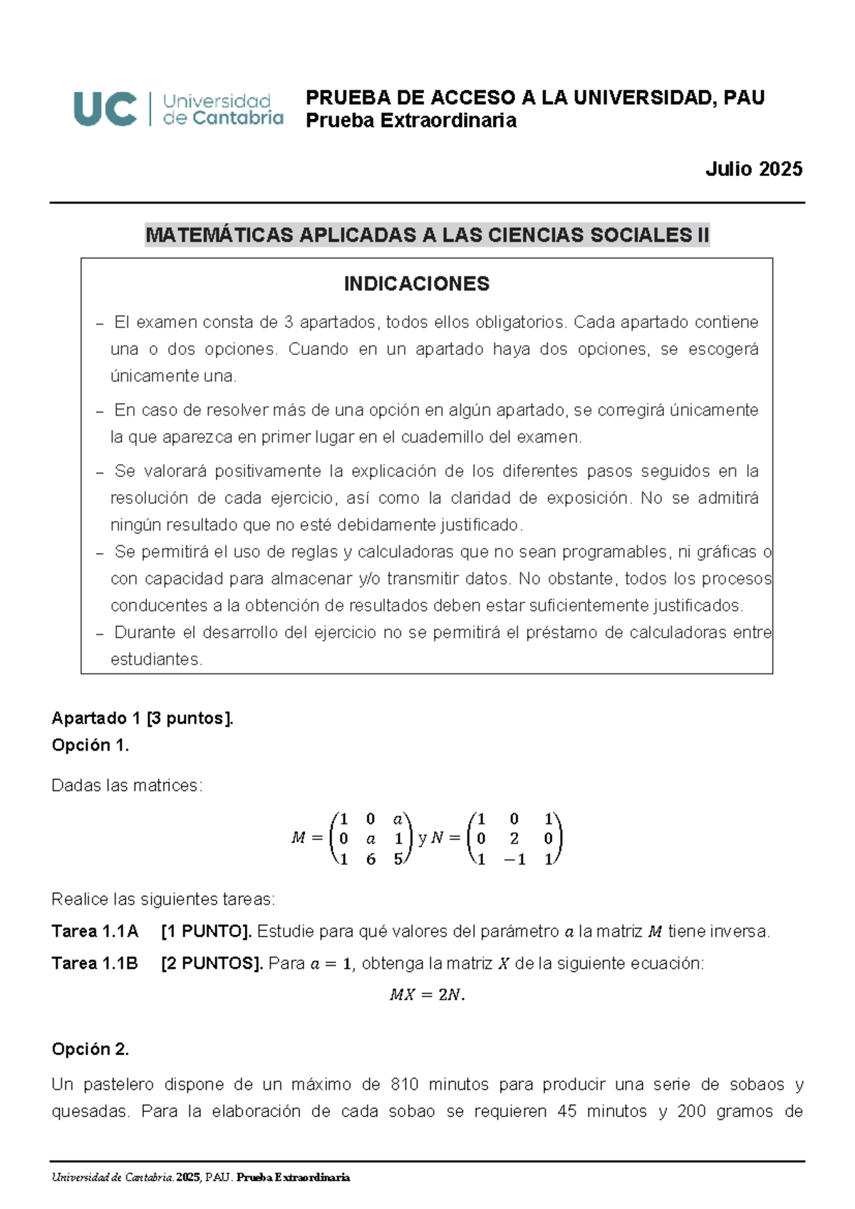 Examen Extraordinario PAU 2025: Matemáticas Aplicadas II - Studocu