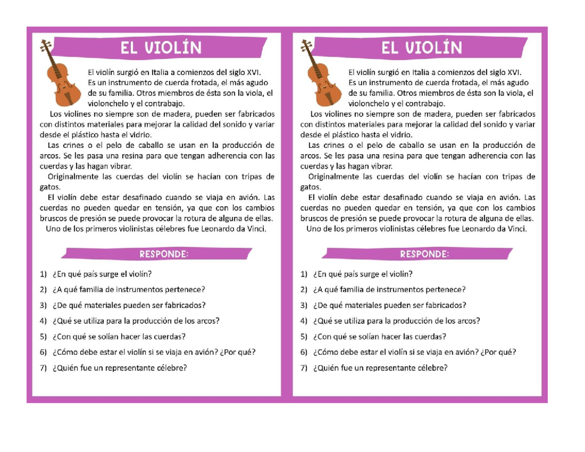 Comprension Lectora - .... - EL VIOLÍN EL VIOLÍN El violín surgió en ...