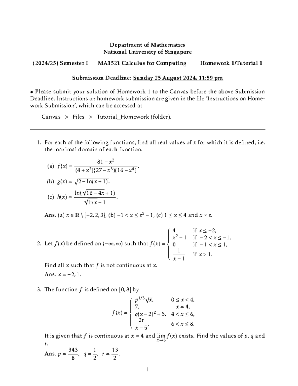 MA1521 Homework Tutorial 1 - Department of Mathematics National ...