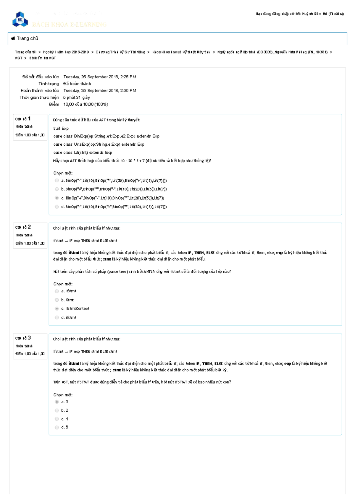 Quiz 1 - CO3005: Cấu trúc dữ liệu AST và phát biểu điều kiện - Studocu