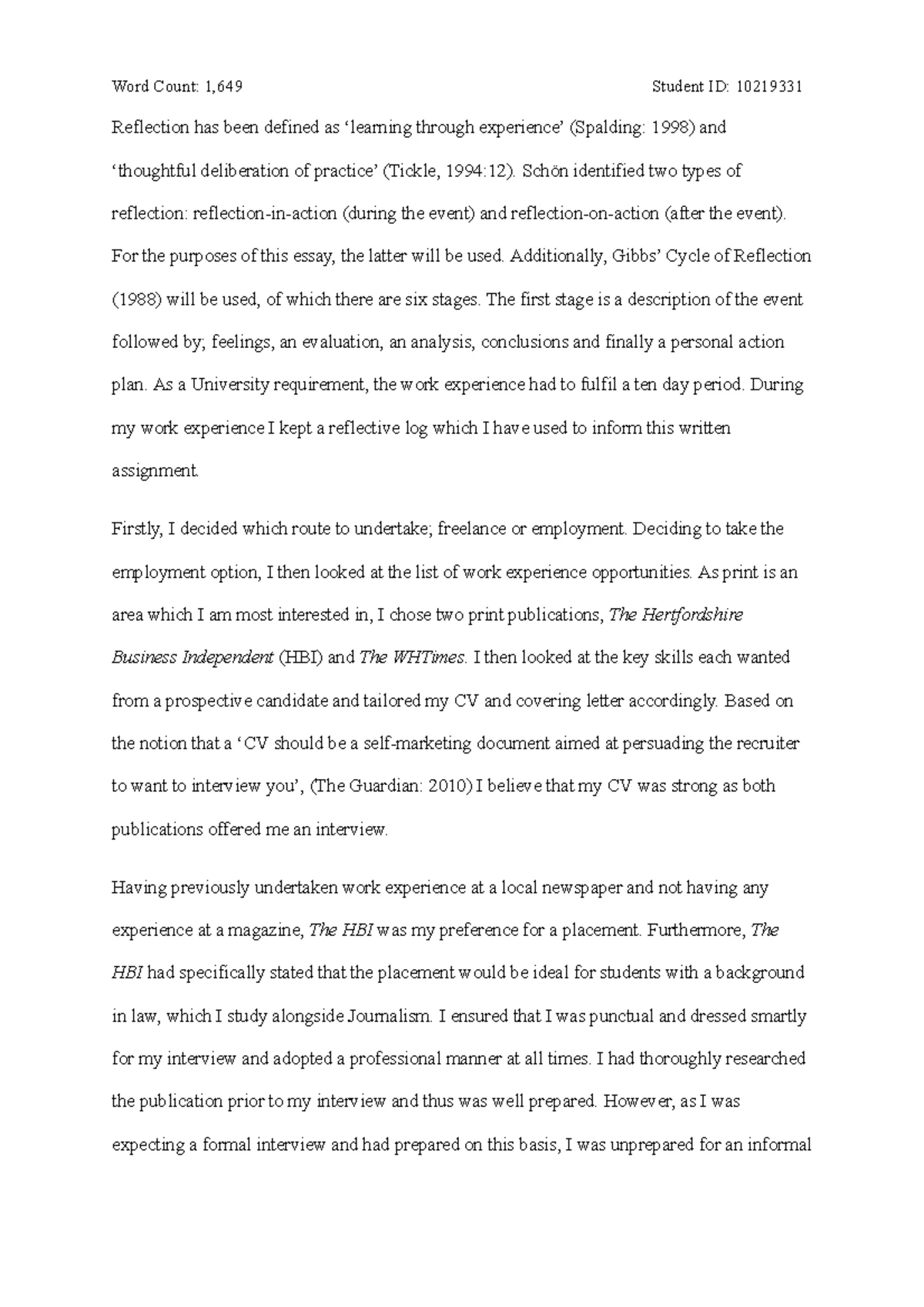 Sample Assignment - Critical Reflection - Table of Content SECTION 1 ...