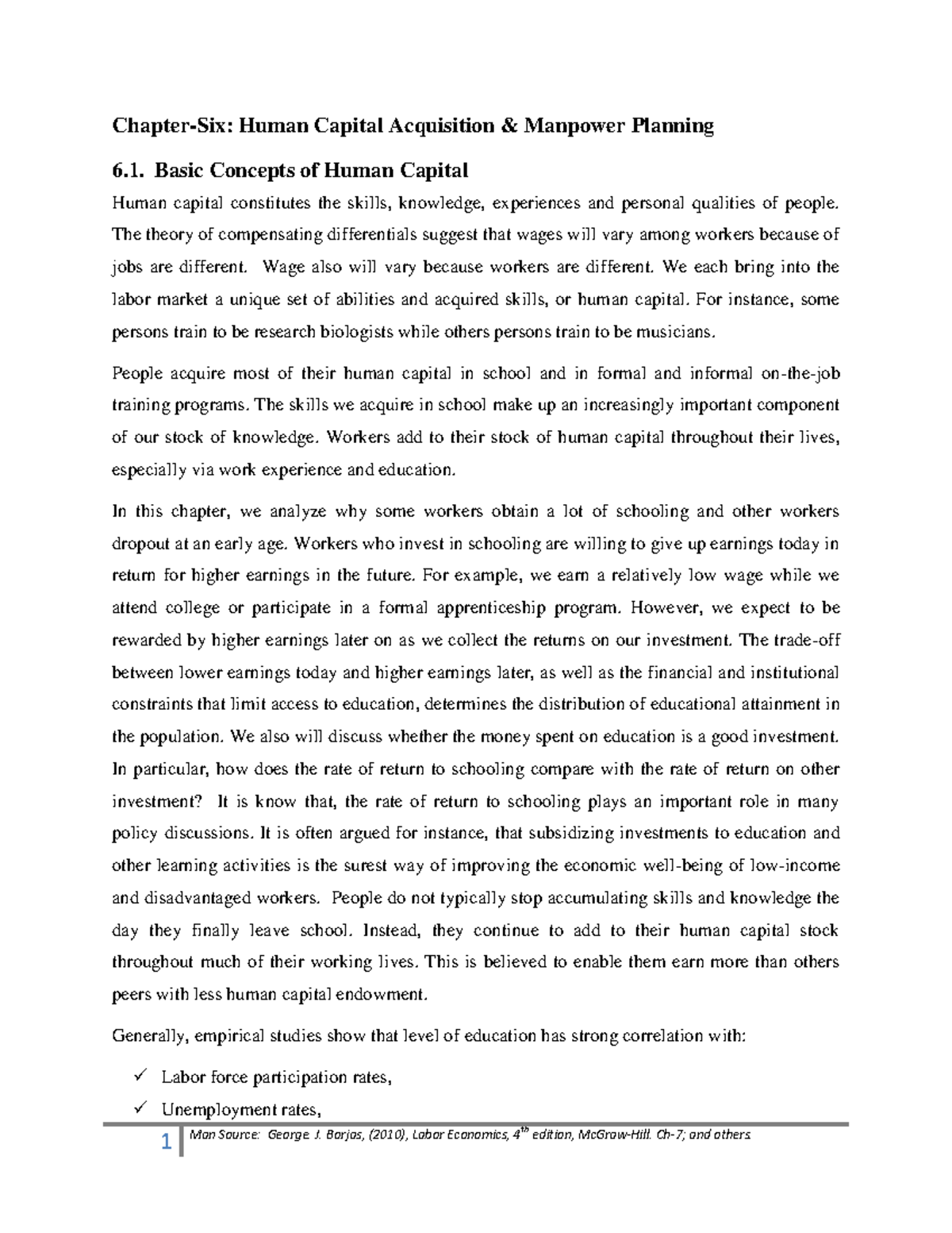 Labor Economics - Chapter 6: Human Capital Acquisition & Manpower ...