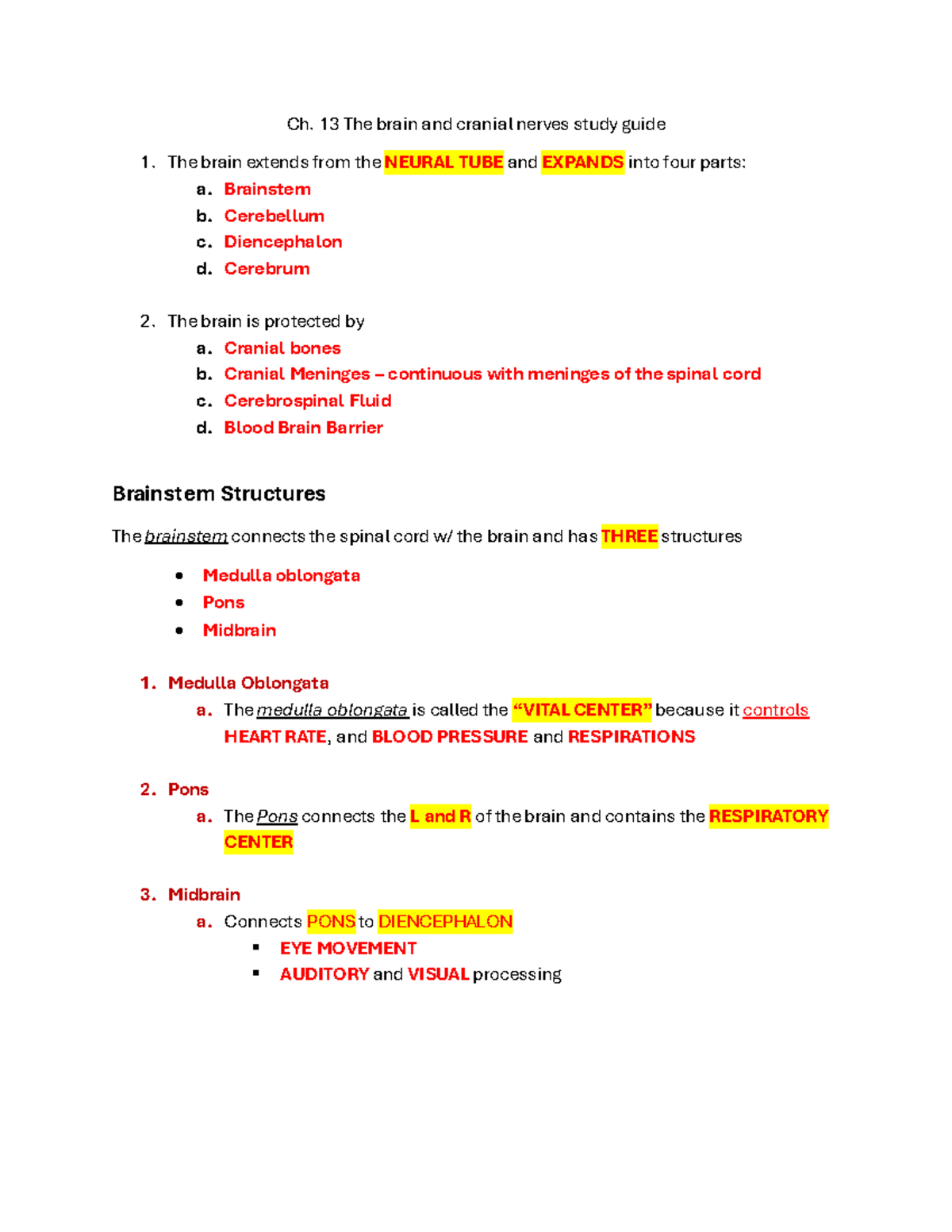 Ch. 13 Study Guide: The Brain and Cranial Nerves Overview - Ch. 13 The brain and cranial nerves ...