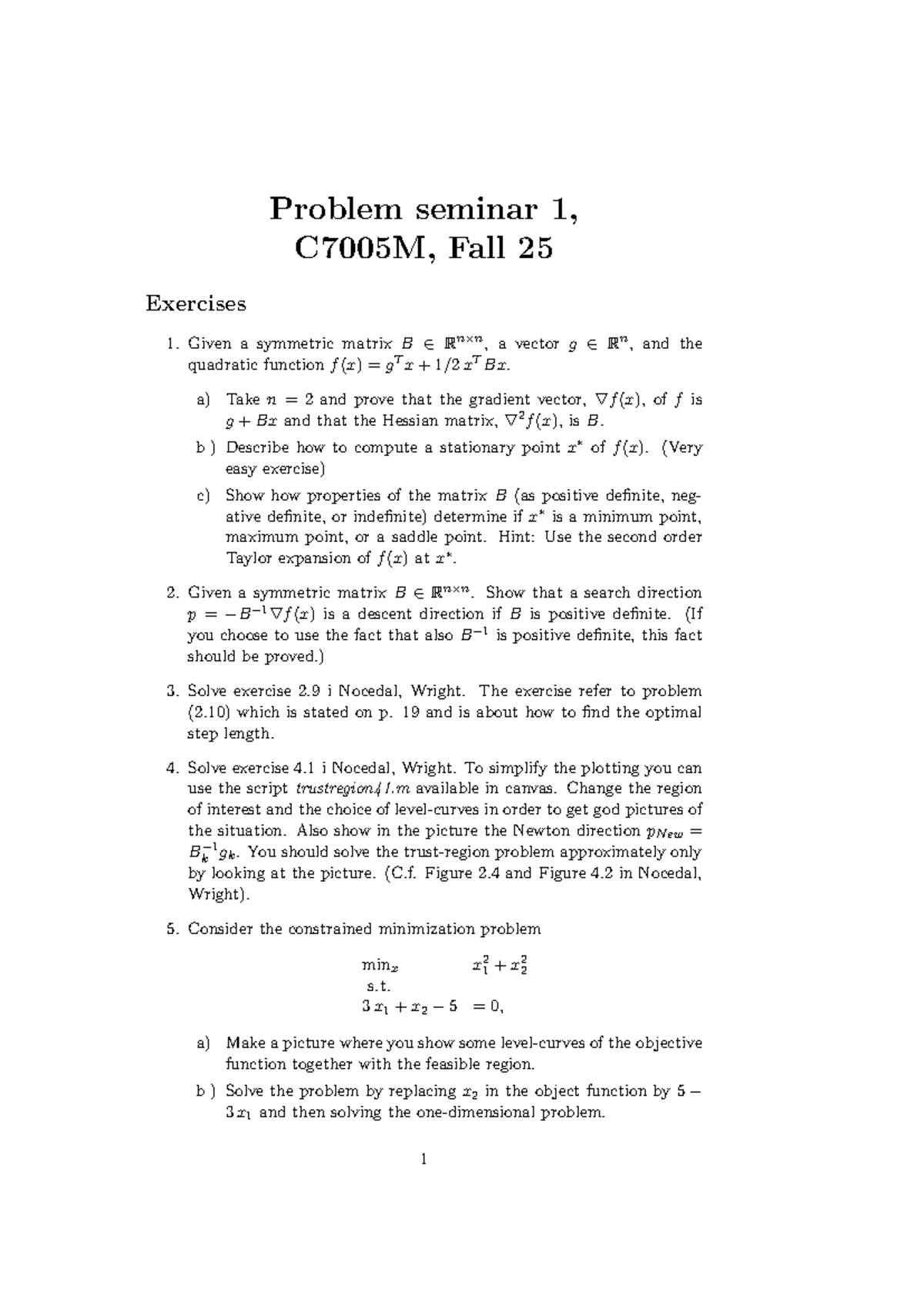 C7005M Problem Seminar 1: Exercises on Quadratic Functions and ...