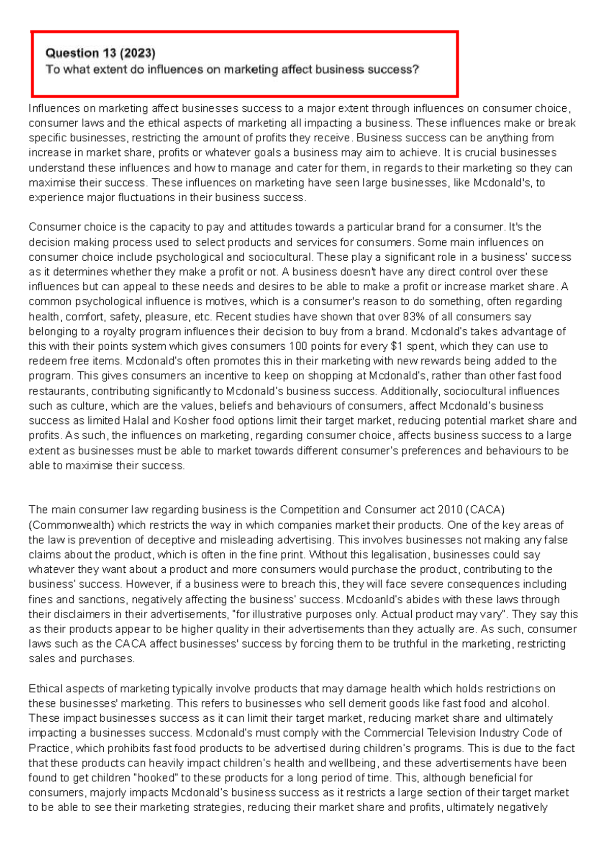 Band 6 Business Studies Practice Essay: Marketing Influences on Success ...