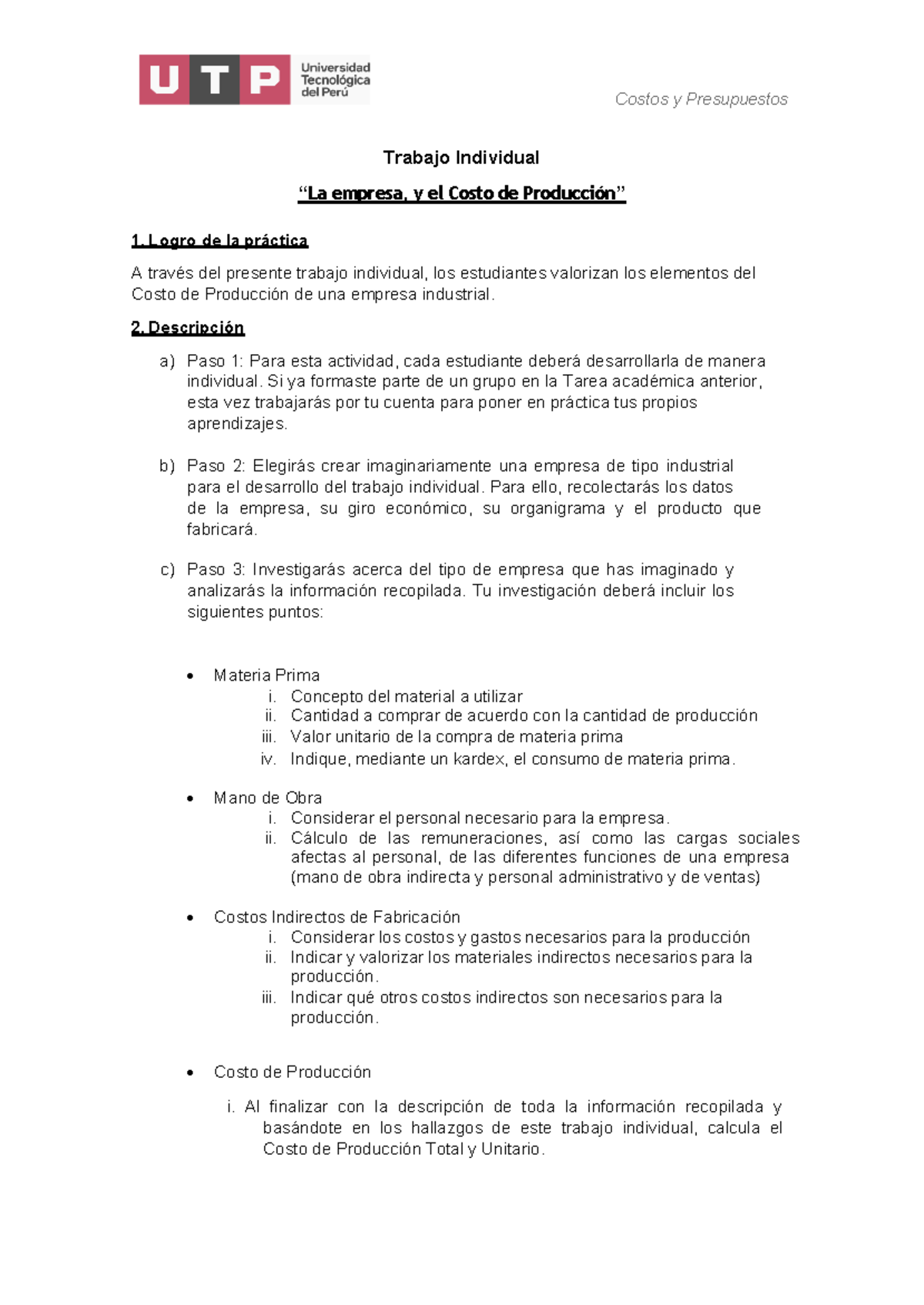 Trabajo Individual: Costos y Presupuestos - Caso 1 SEM 10 - Studocu