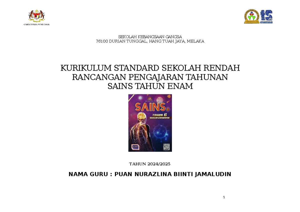 RPT Sains T6 2024-2025: Rancangan Pengajaran Tahunan SK Gangsa - Studocu
