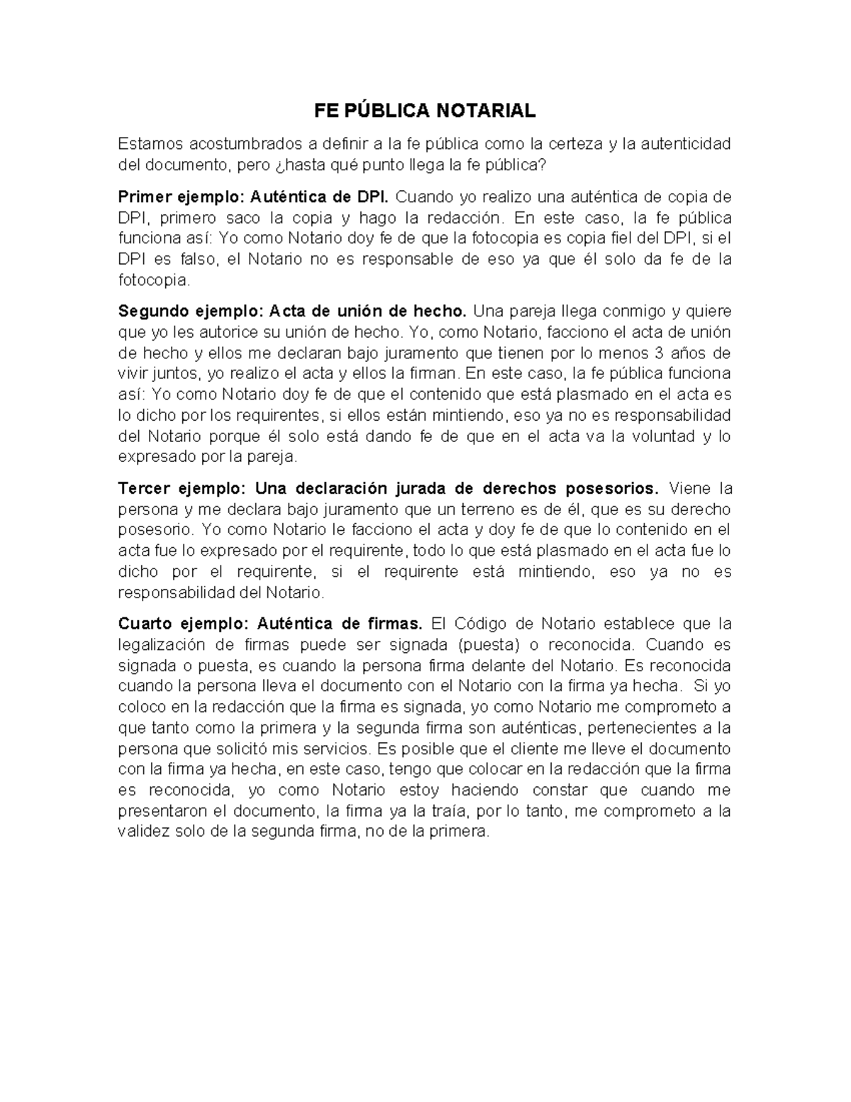 Fe Pública Notarial: Conceptos y Ejemplos Claves en la Práctica - Studocu