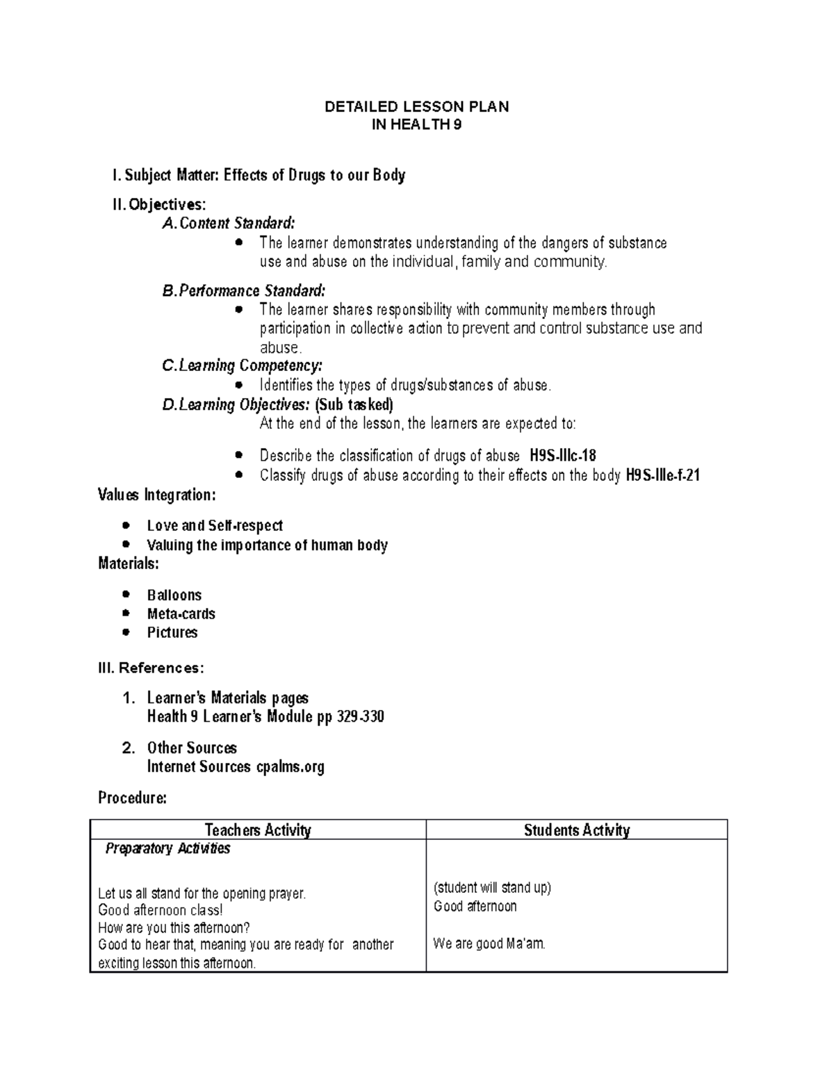 Detailed Lesson Plan on Drug Effects - Health 9 - Studocu