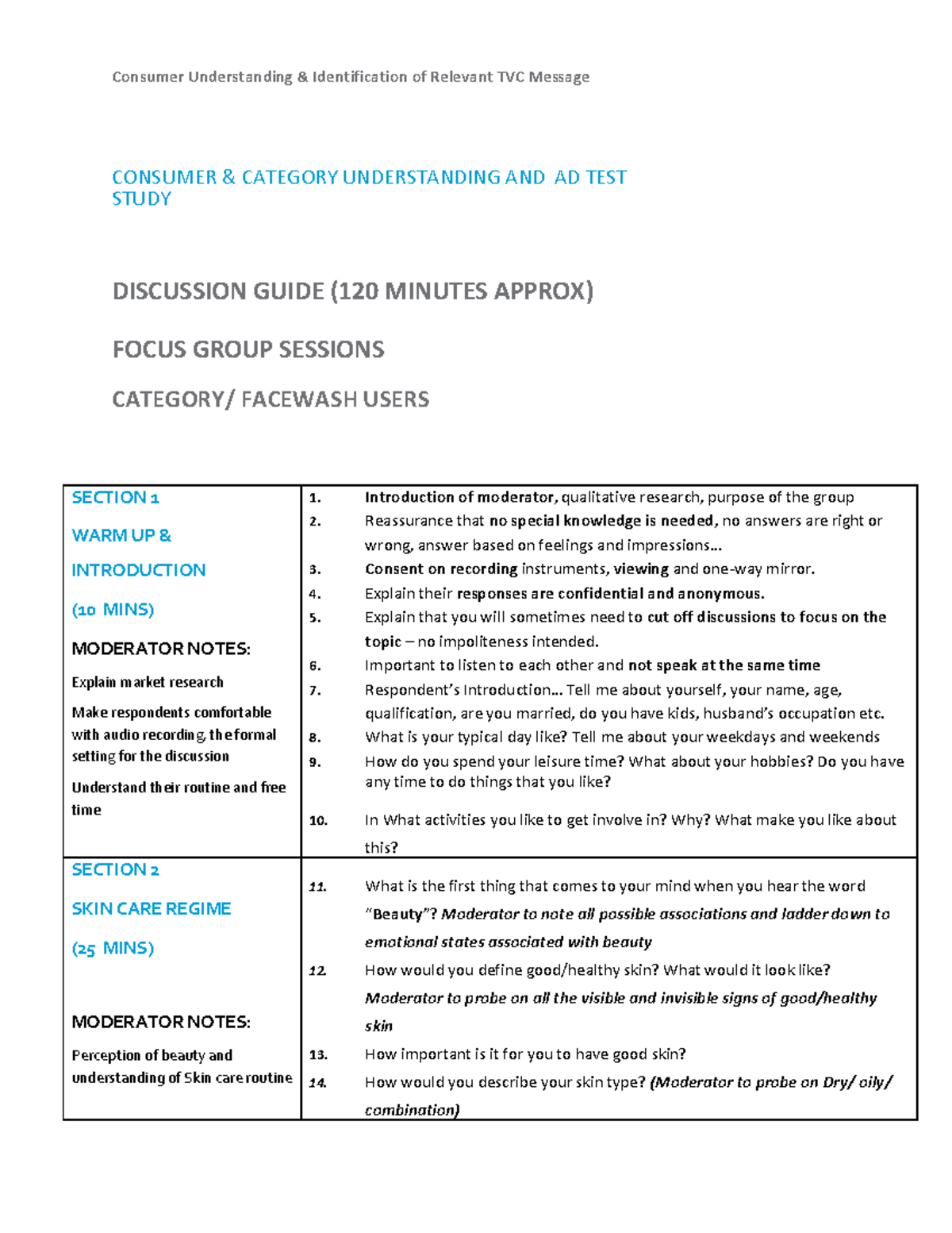 Sample Discussion Guide - CONSUMER & CATEGORY UNDERSTANDING AND AD TEST ...