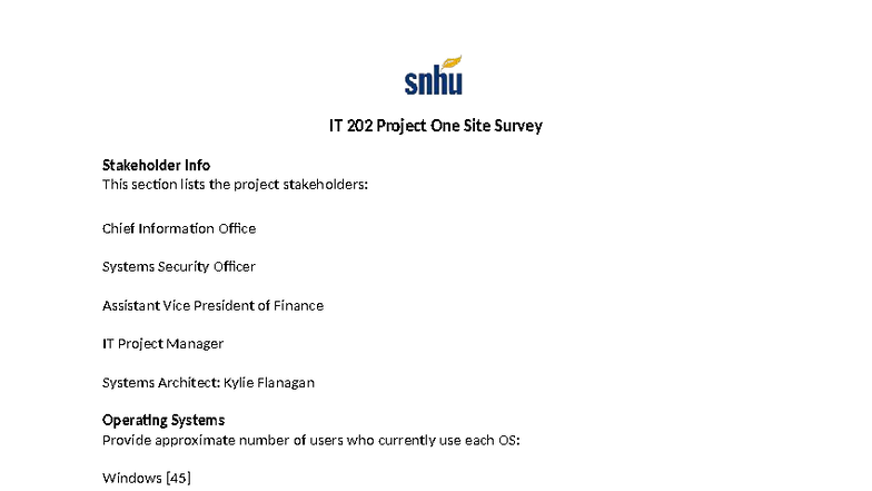 IT 202 Project One: Site Survey & Stakeholder Information - Studocu