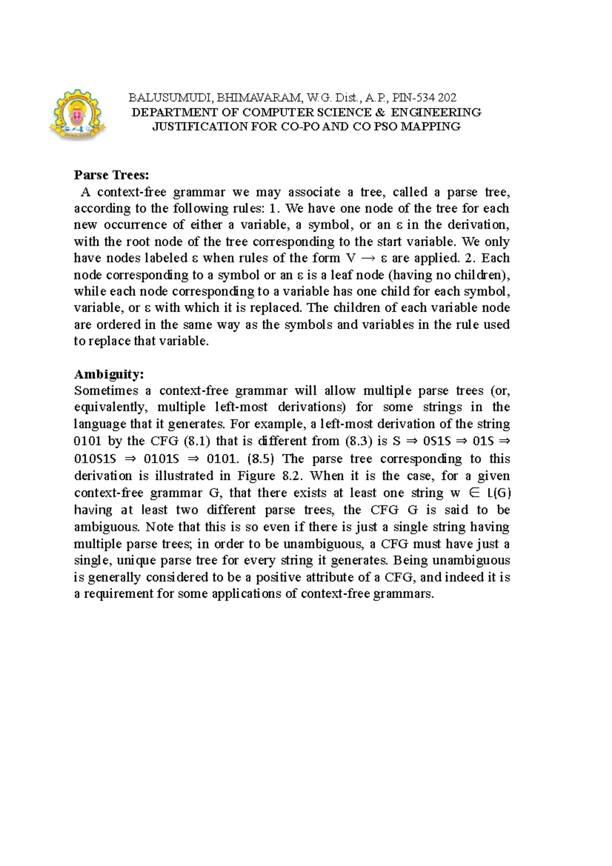 CO-PO Justification - co po mapping - BALUSUMUDI, BHIMAVARAM, W. Dist ...