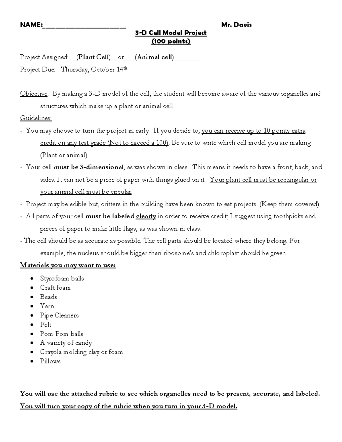 3-D Cell Model Project Rubric for 5th Grade Science (2015) - Studocu
