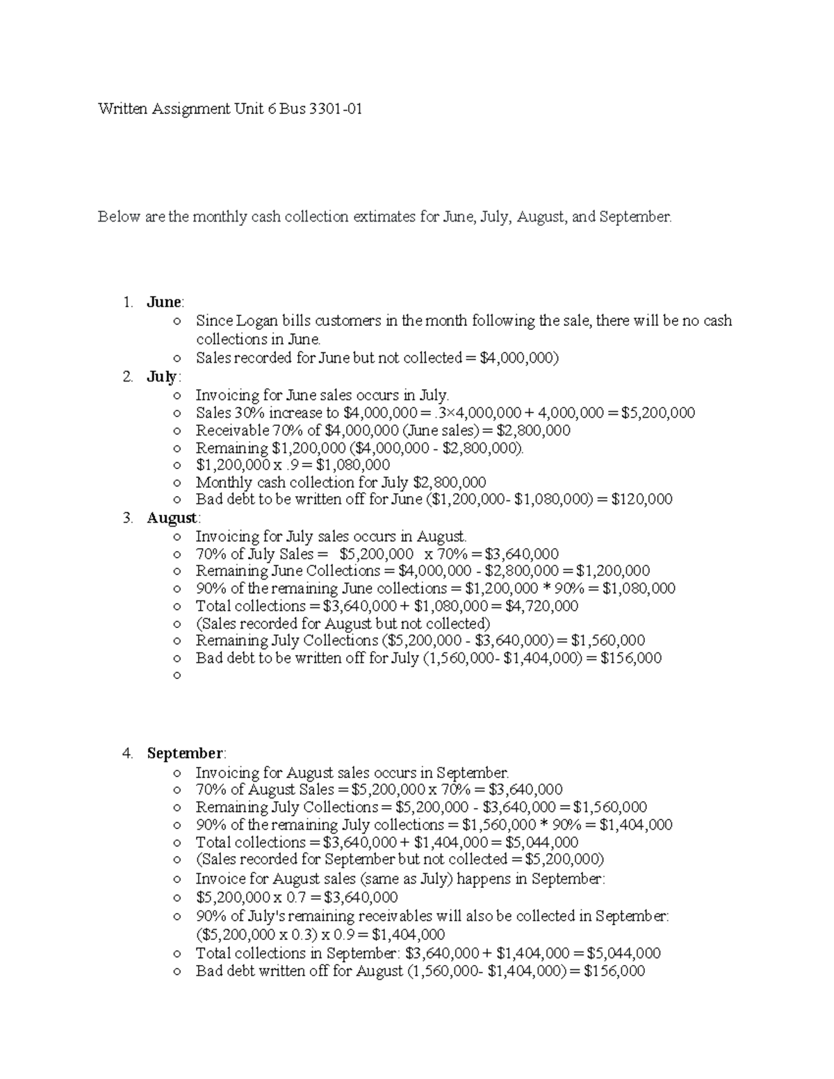 Unit 6 Written Assignment Overview for Bus 3301-01: Cash Collections ...