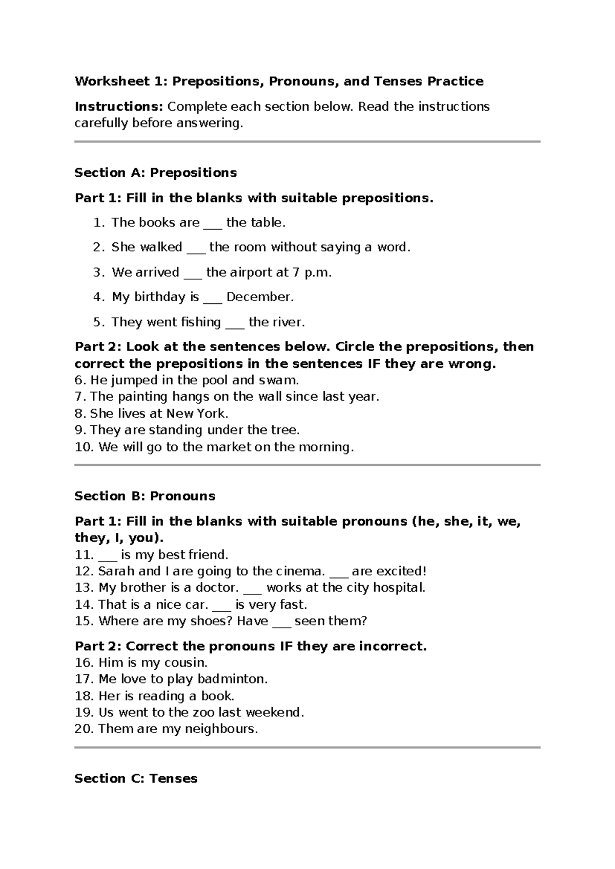 Worksheet 1: Prepositions, Pronouns & Tenses Practice (Grammar) - Studocu