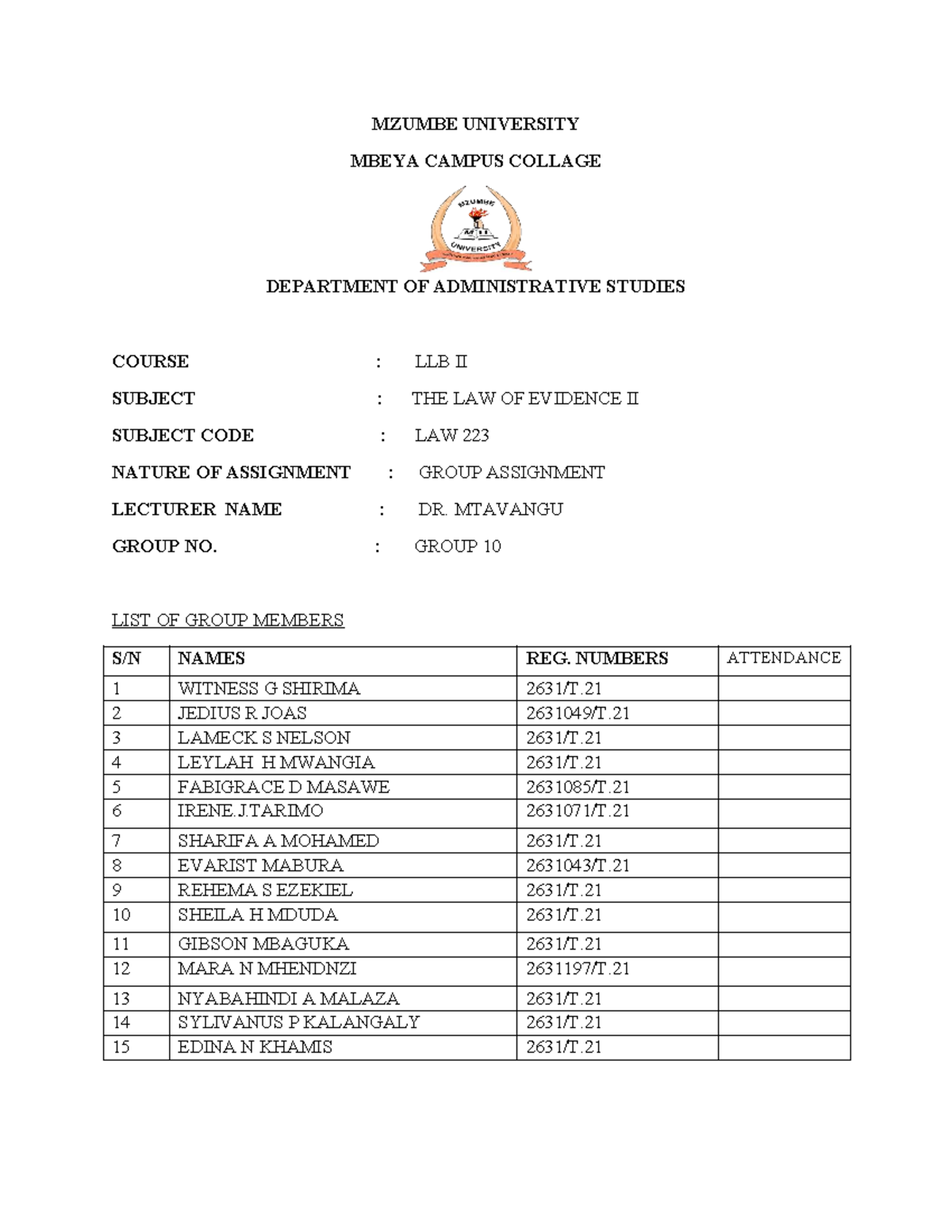 LLB II LAW 223 Group Assignment: The Law of Evidence II Analysis - Studocu