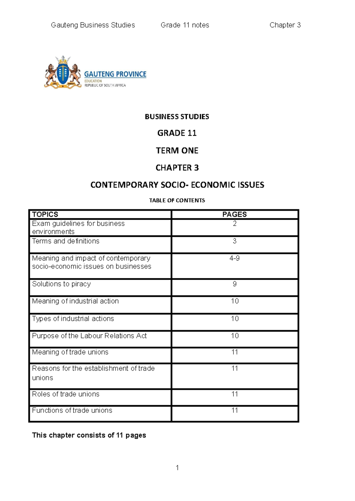 Grade 11 Business Studies: Chapter 3 - Contemporary Socio-Economic ...