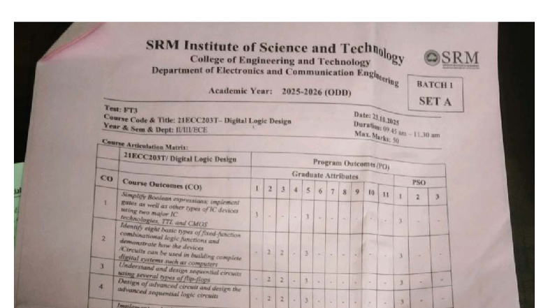 DLD FT3 Test Paper - Digital Logic Design (SRM ECE Batch 1) - Studocu
