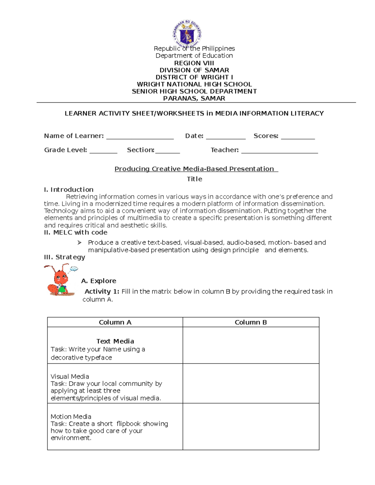 Creative Presentation Activity Sheet for MIL - Grade 11 - Studocu