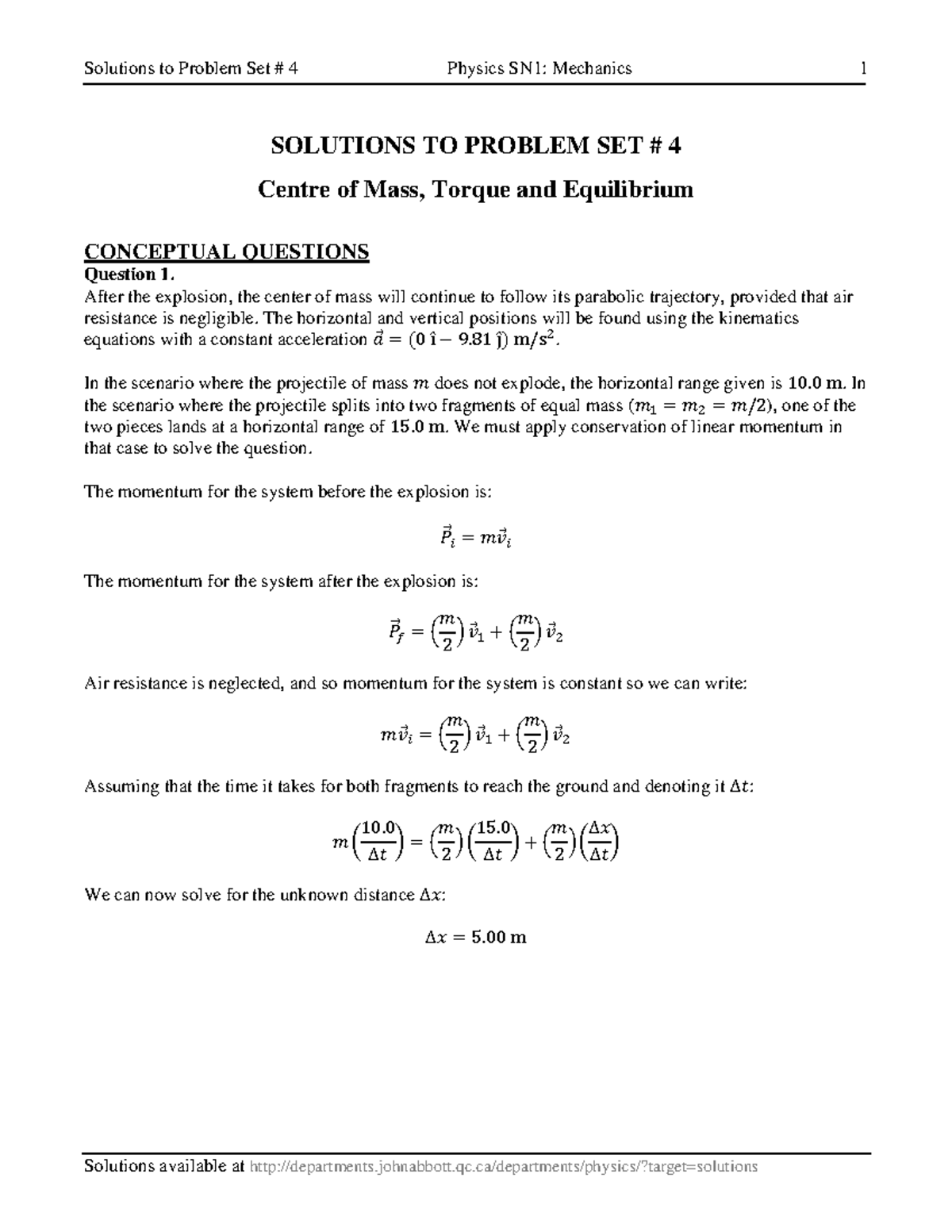 Solutions To Problem Set 4 Mechanics Sn1 Center Of Mass Torque And