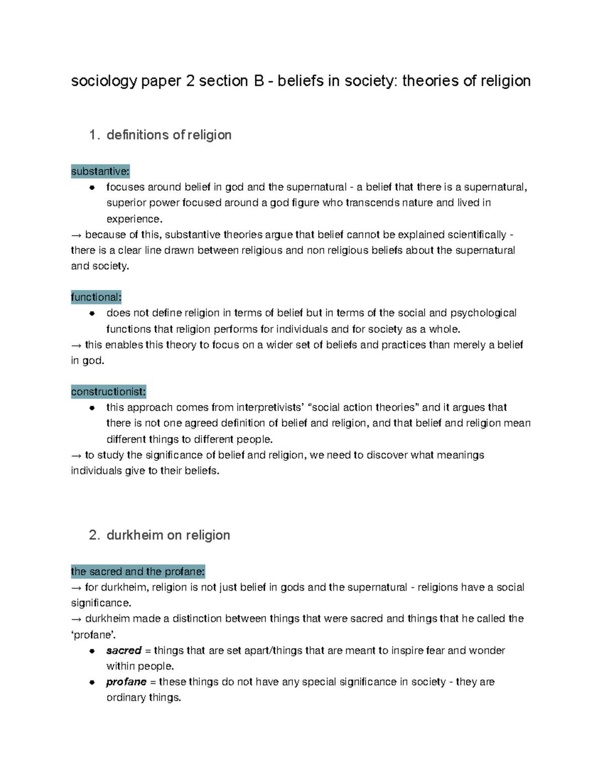 Sociology Paper 2 Section B: Theories of Religion and Belief Systems ...
