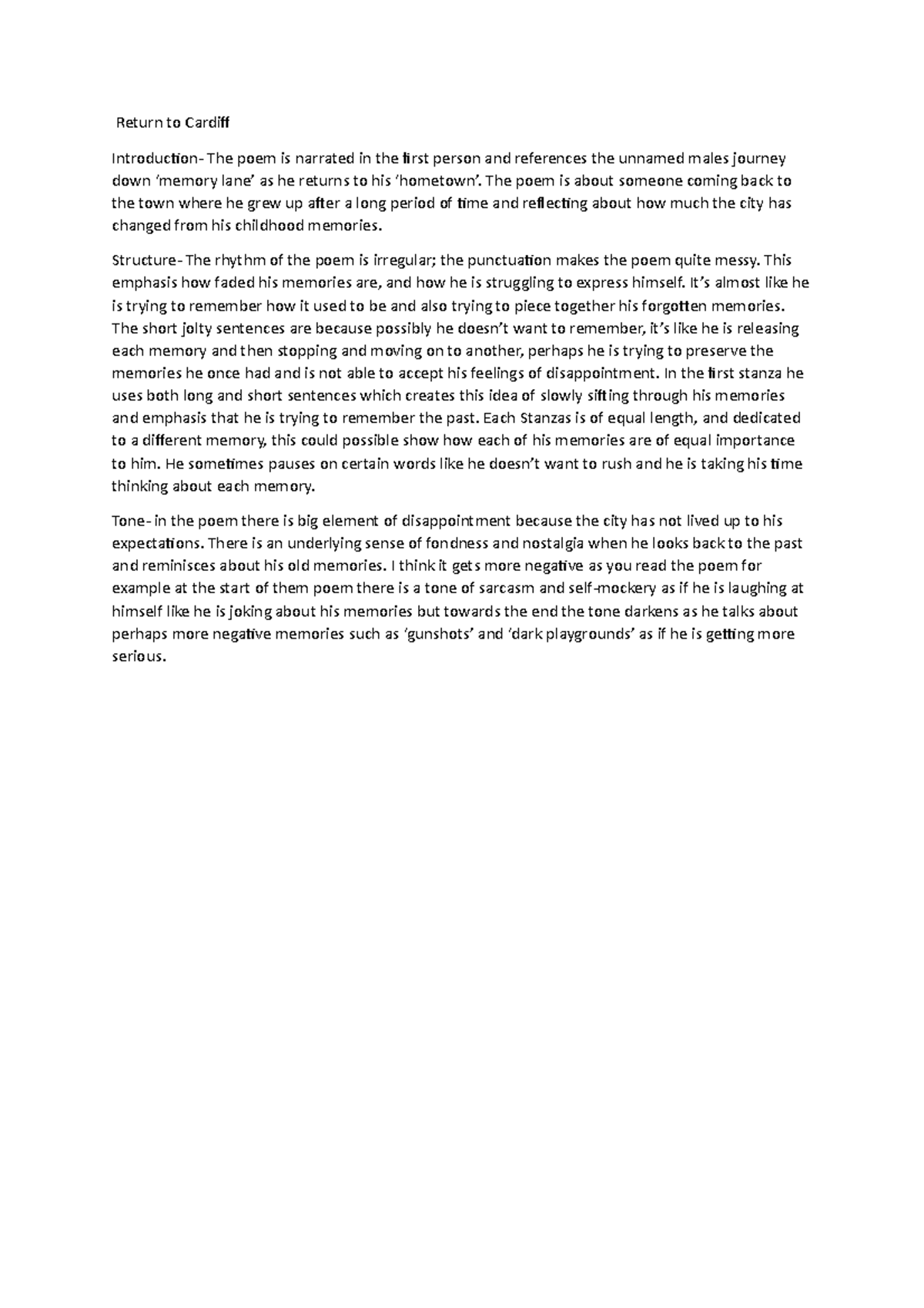 Analysis of "Return to Cardiff" and "Exodus from Blaenavon" Poems - Studocu