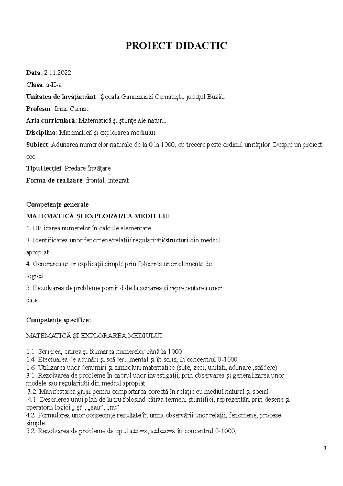 Proiect Eco în Matematică pentru Clasa a-II-a - MEM - Studocu