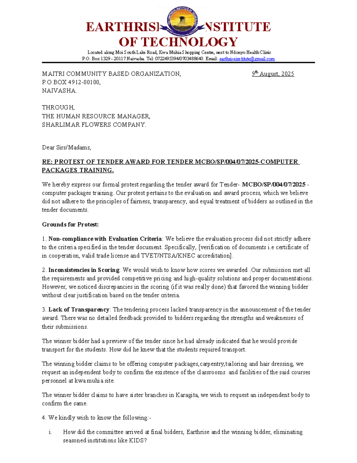 Protest Letter on Tender Award for Computer Packages Training - Studocu