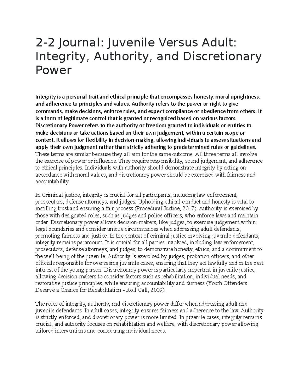 CJ230 Module 2 Journal: Exploring Integrity and Authority in Justice - Studocu